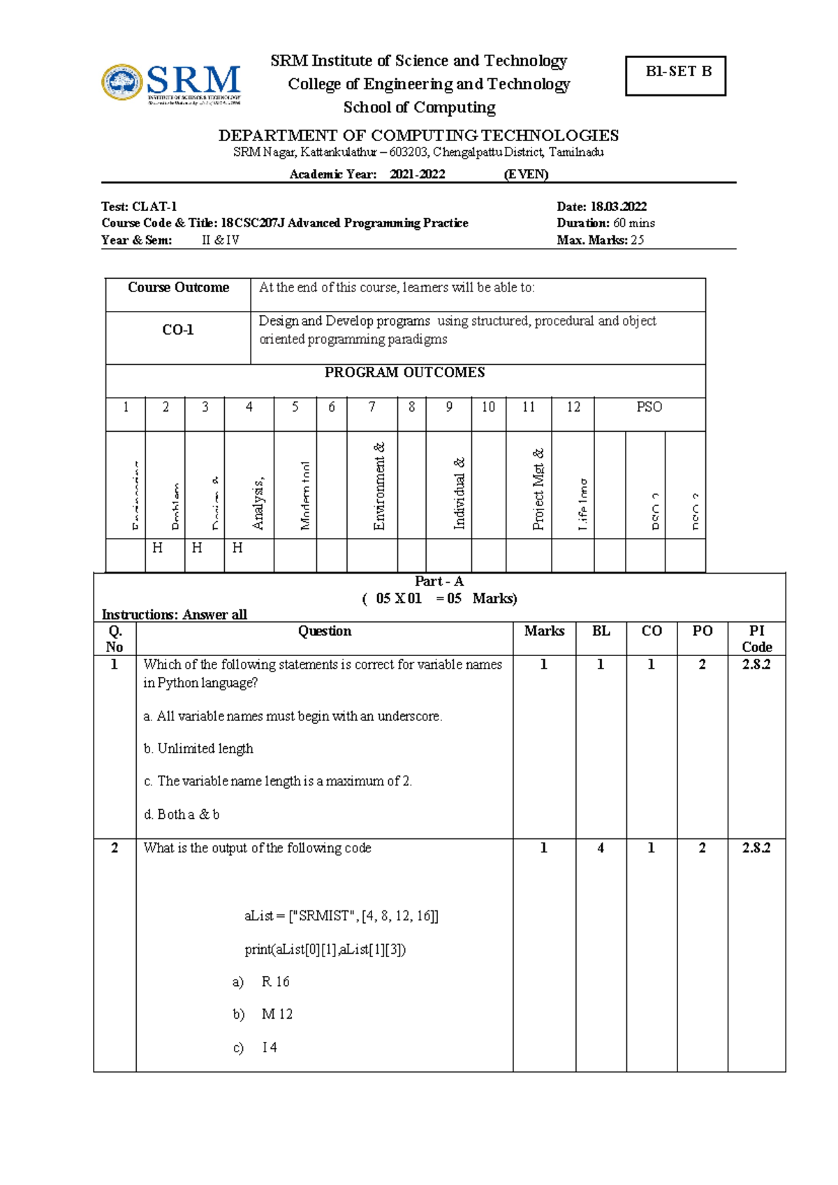 B1-Set 2-final - CT PAPERS - SRM Institute of Science and Technology ...