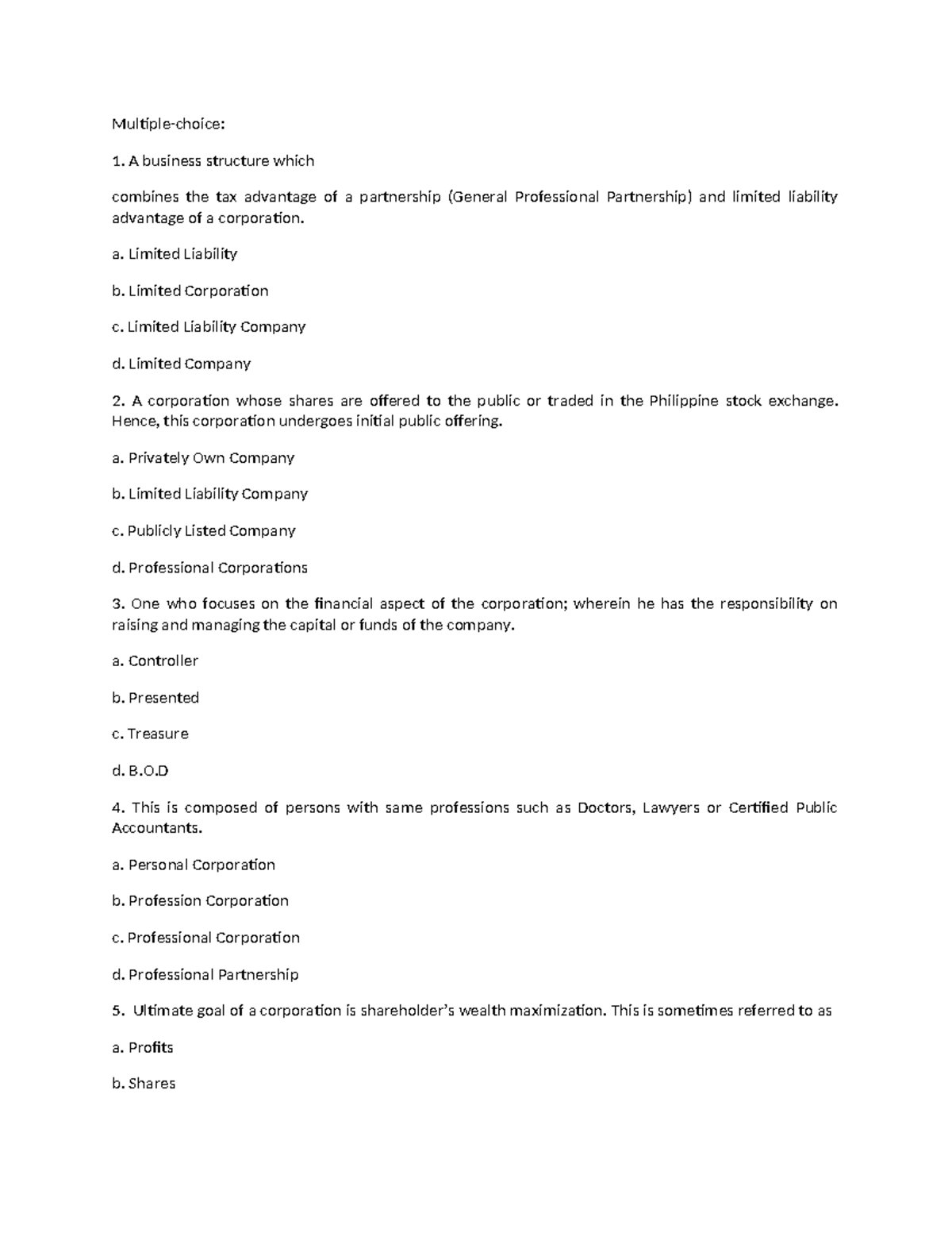 Group 1short Quiz Financial Management - Multiple-choice: A business ...