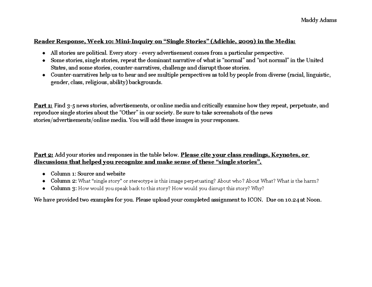 Mini Inquiry 2 - Madelyn Adams - Maddy Adams Reader Response, Week 10 ...
