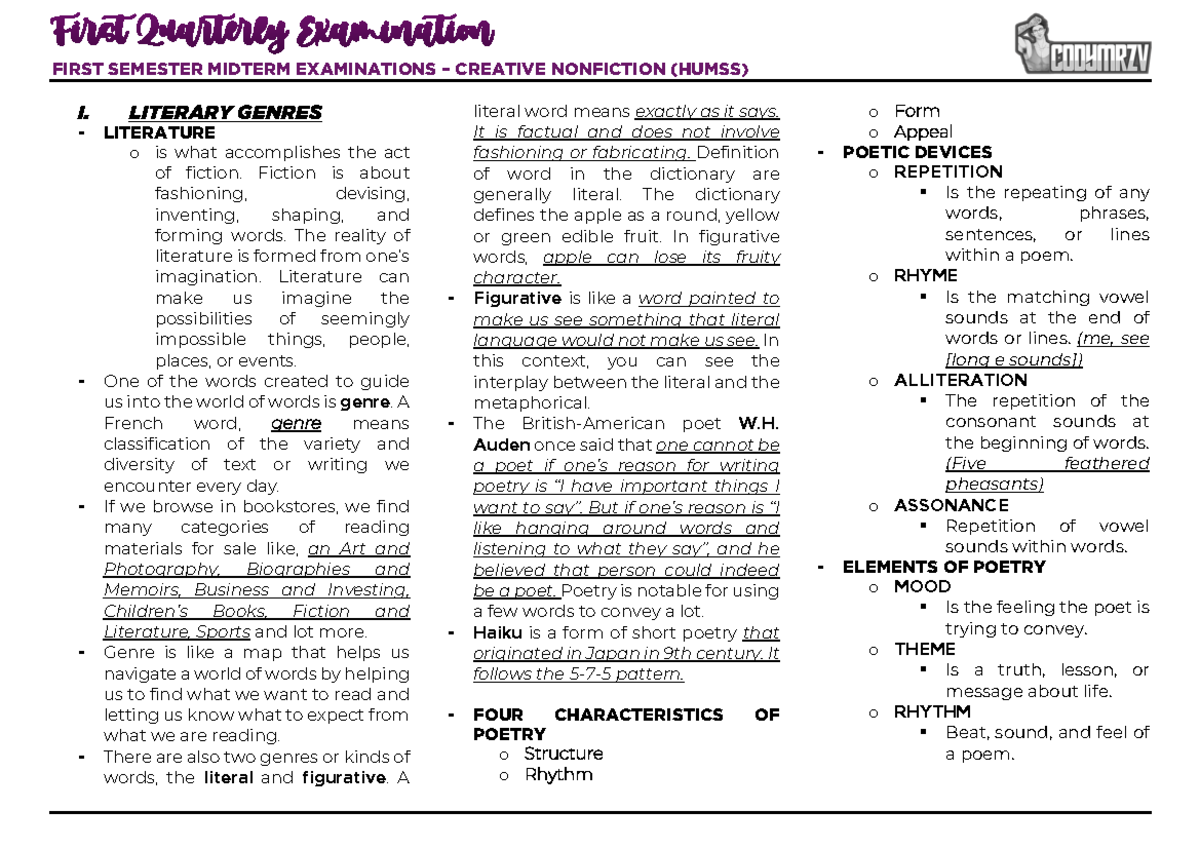Pdfcoffee - Summary Information Technology - I. LITERARY GENRES ...