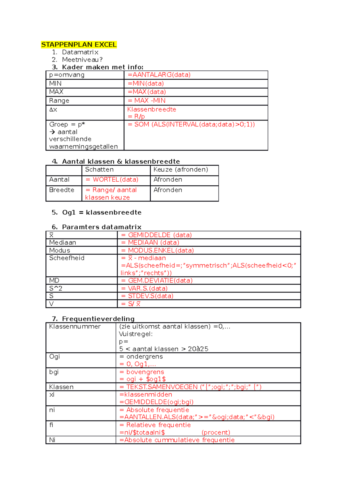 Excel stappenplan - STAPPENPLAN EXCEL Datamatrix Meetniveau? Kader ...