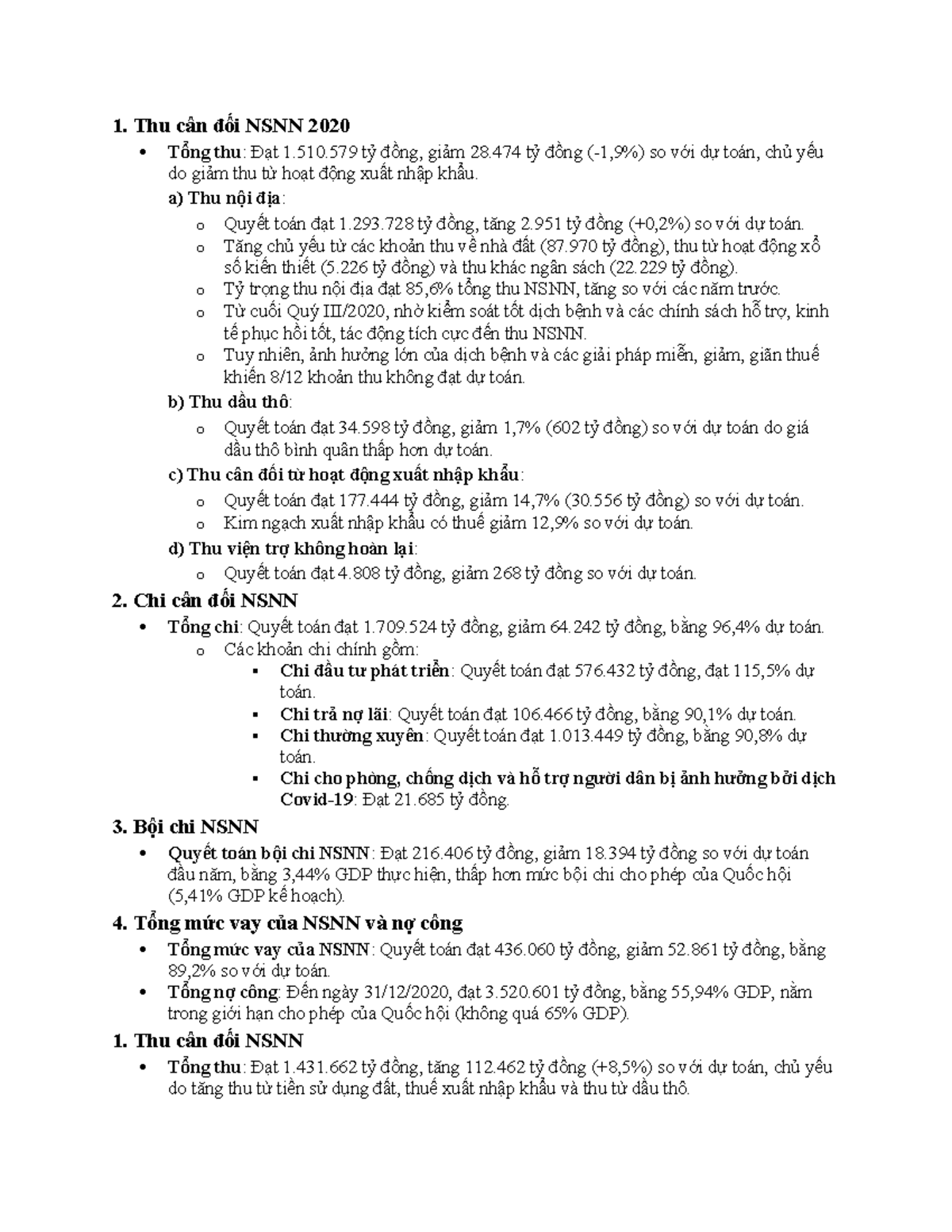 Tài chính công dl - ffjv - 1. Thu cân đối NSNN 2020 Tổng thu: Đạt 1.510 ...