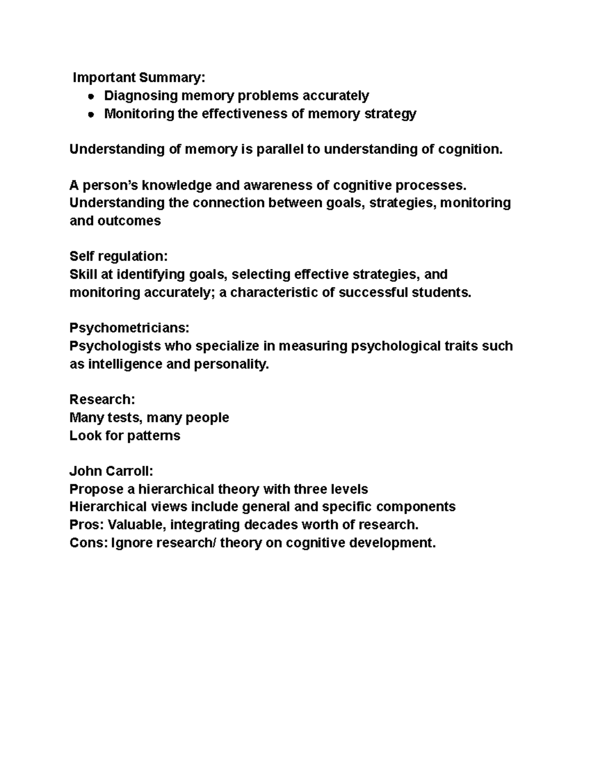 Important Summary - understanding memory - Important Summary: Diagnosing memory problems - Studocu