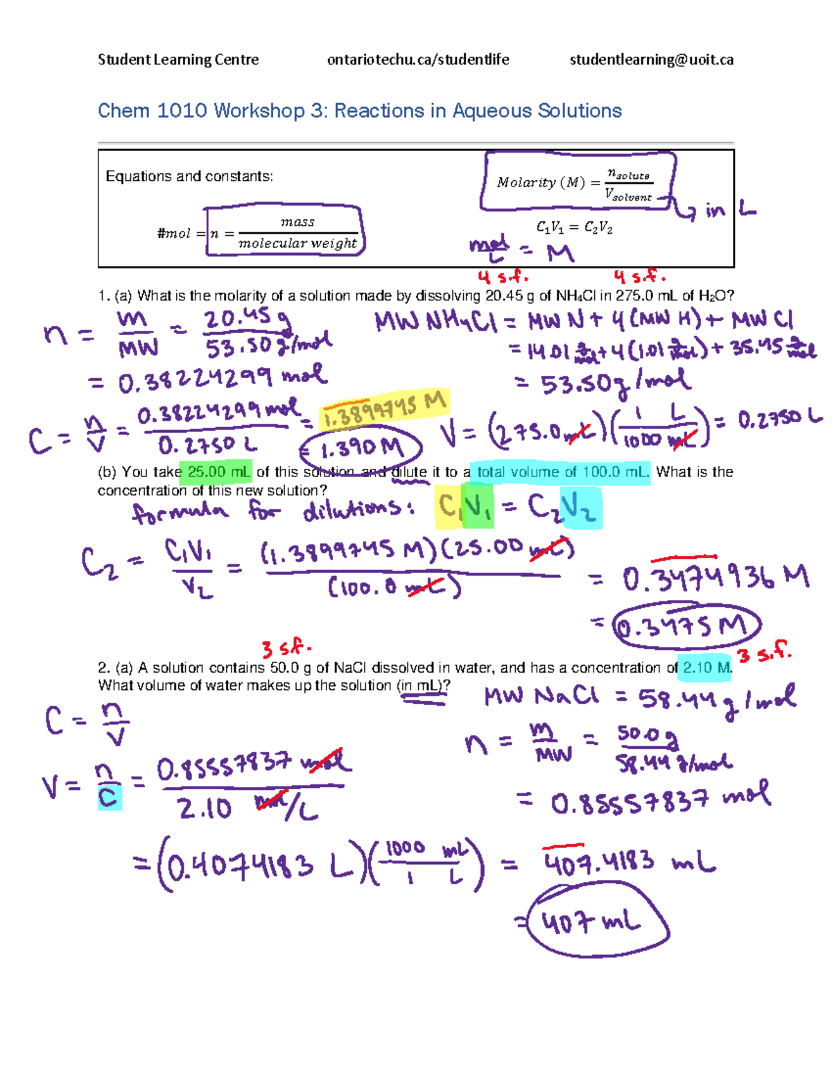 WS 3 Reactions in Aqueous Solutions solutions - Chem 1010 Workshop 3 ...