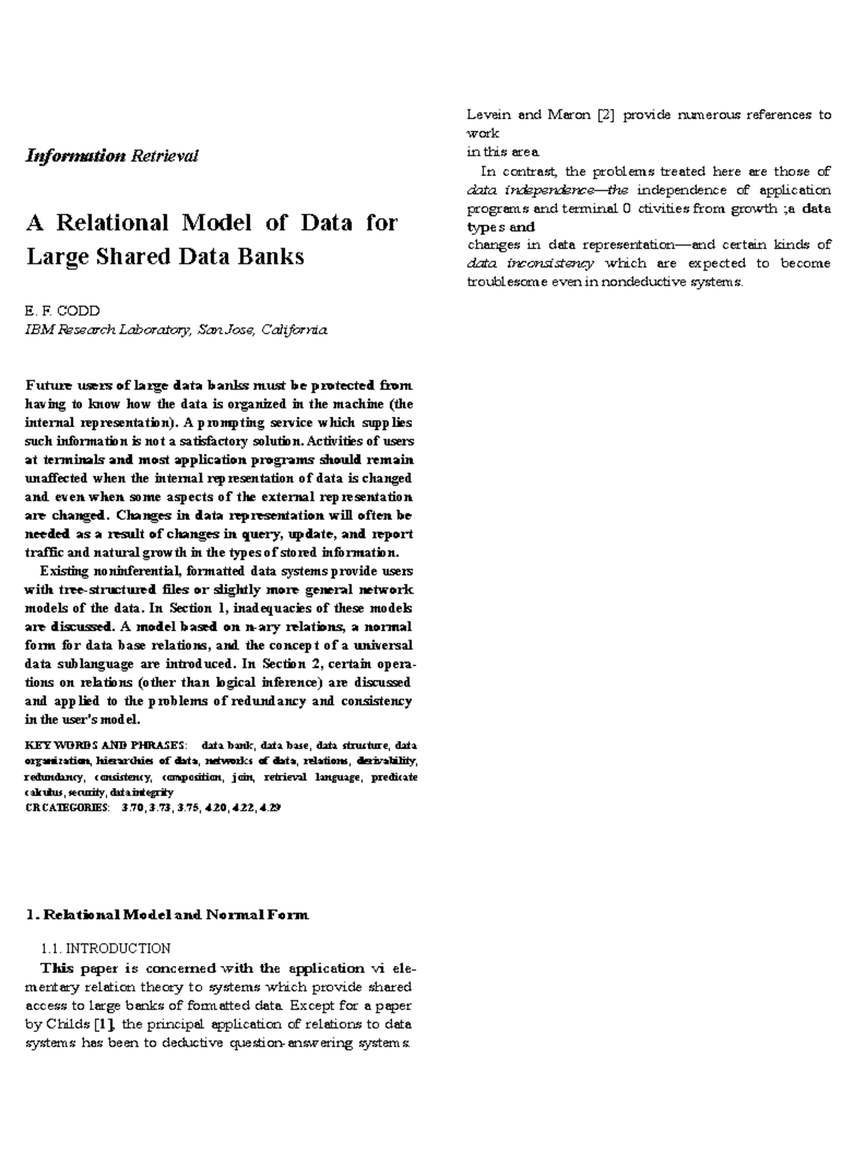 Codd - Publicacion de Edgard Codd. 1970 - Information Retrieval A Relational Model of Data for ...