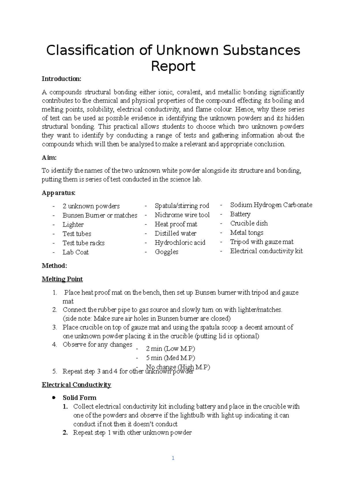 Classification of Unknown Substances Report (Assessment ...