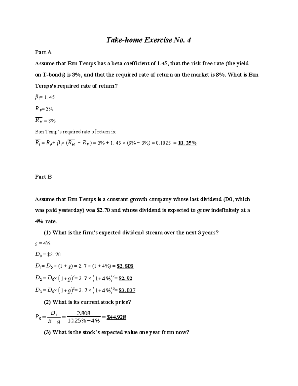 Take-home Exercise No. 4 CF - Take-home Exercise No. 4 Part A Assume ...