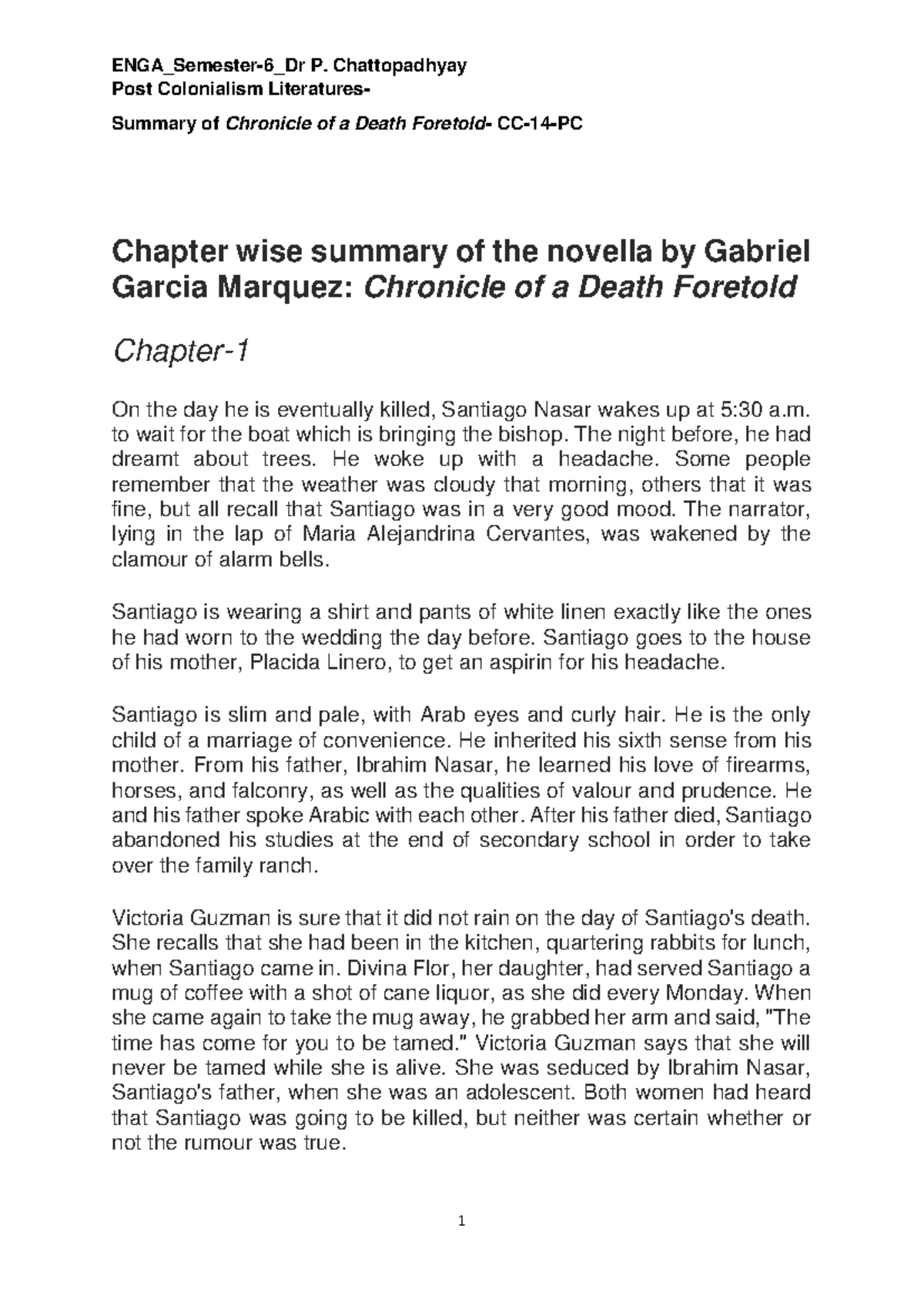 1626537274 ENGA Semester-6 Summary of Chronicle of a Death Foretold ...
