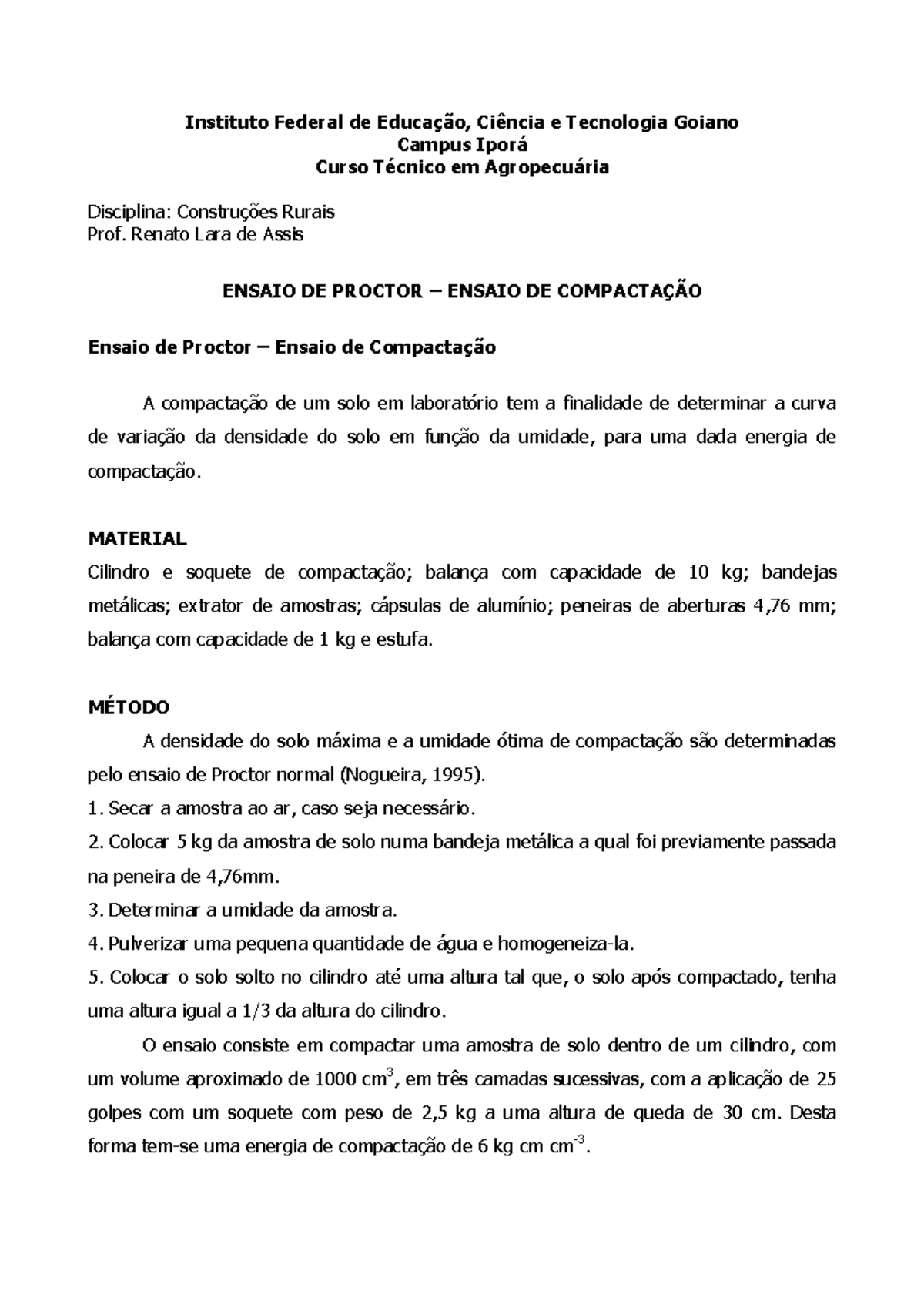 Aula Pratica - Ensaio de Proctor Normal - Instituto Federal de Educação ...