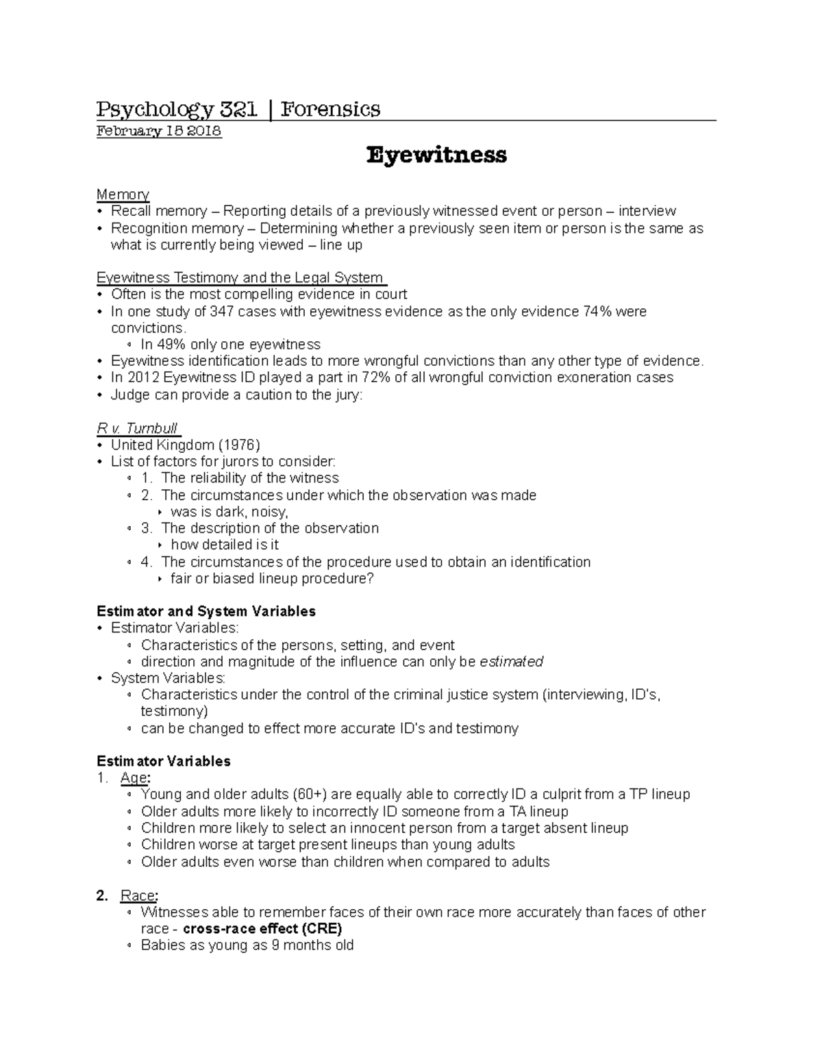 PSYC321 Eyewitnesses - Taught by Audette - Psychology 321 | Forensics ...