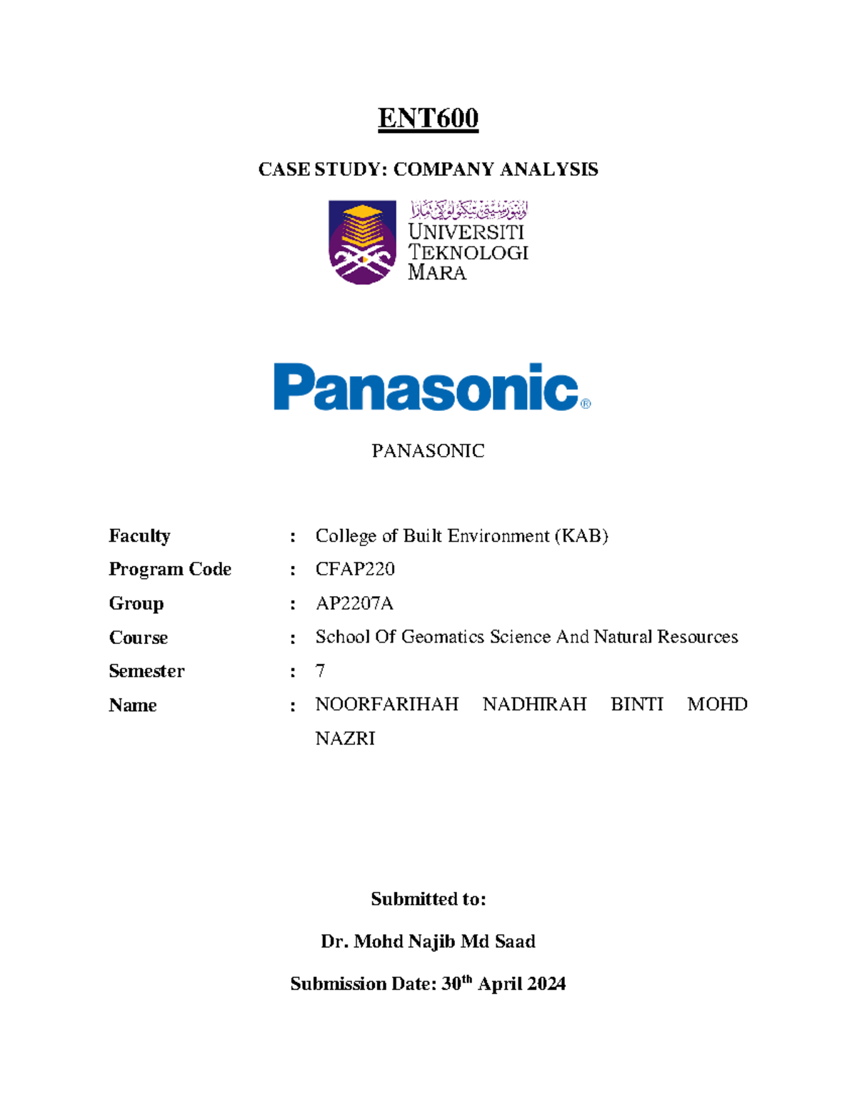 CASE Study ENT600 - ENT CASE STUDY: COMPANY ANALYSIS PANASONIC Faculty ...