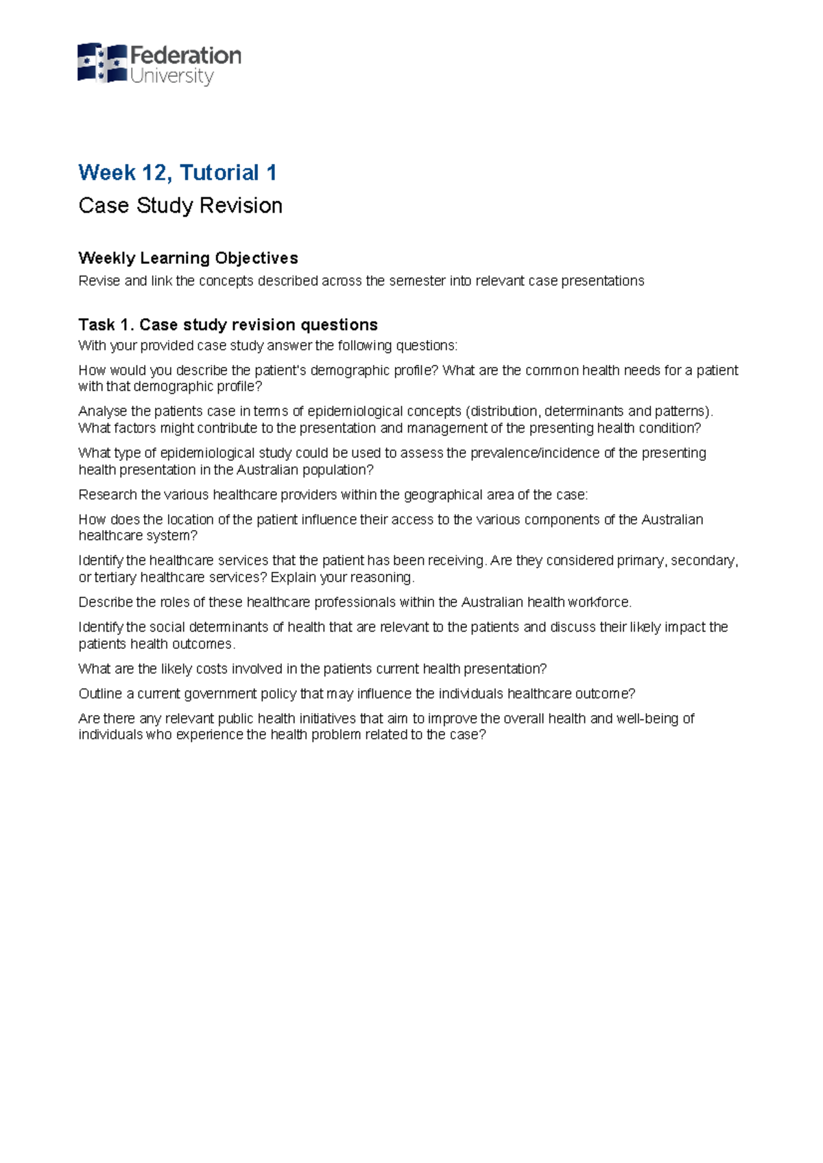 T12 - Case Study Revision - Week 12, Tutorial 1 Case Study Revision ...