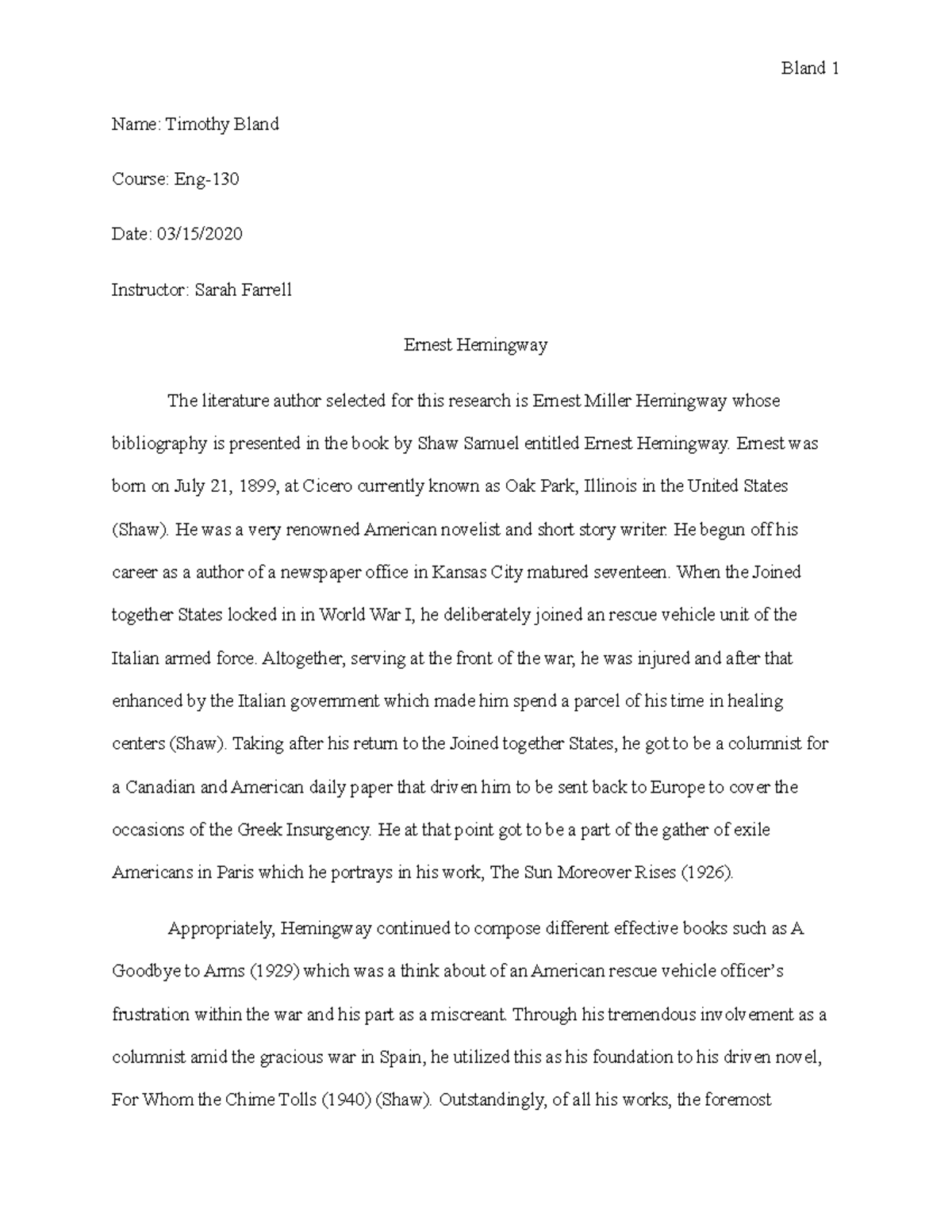 Research About An Author Ernest Hemingway - Name: Timothy Bland Course ...