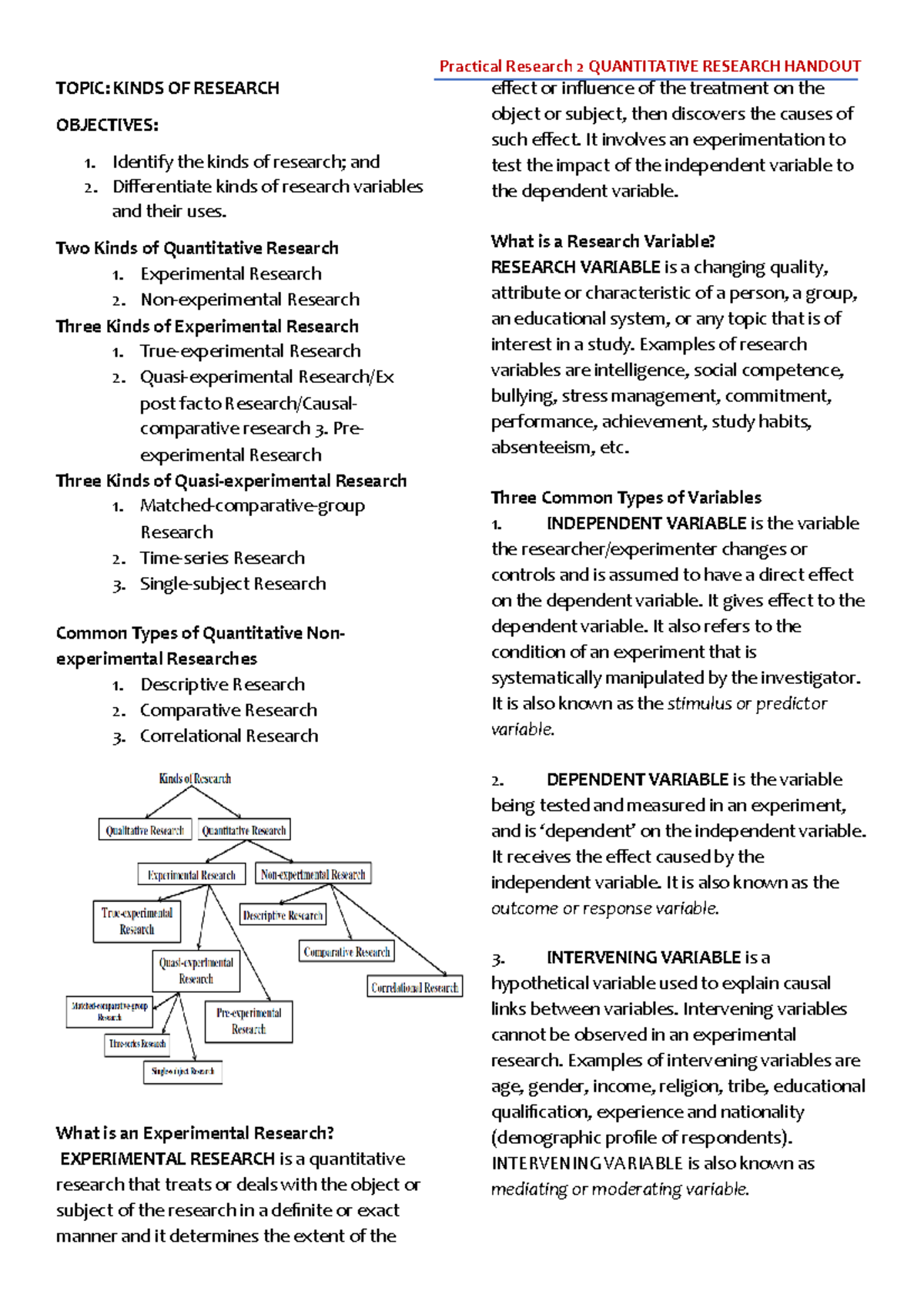 Handout 02 Kinds OF Research - Practical Research 2 QUANTITATIVE RESEARCH HANDOUT TOPIC: KINDS ...