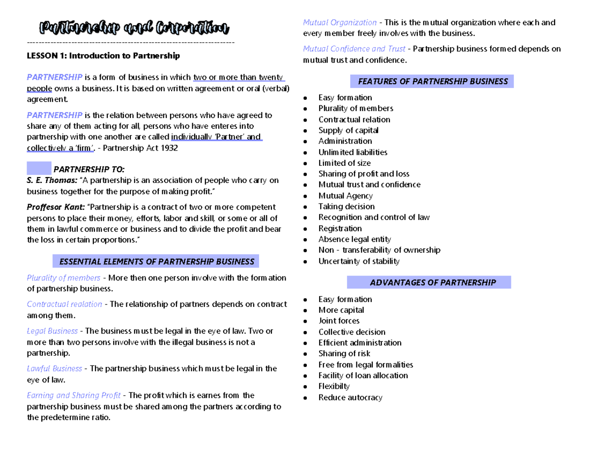 Acctg 103 - midterm notes - LESSON 1: Introduction to Partnership ...