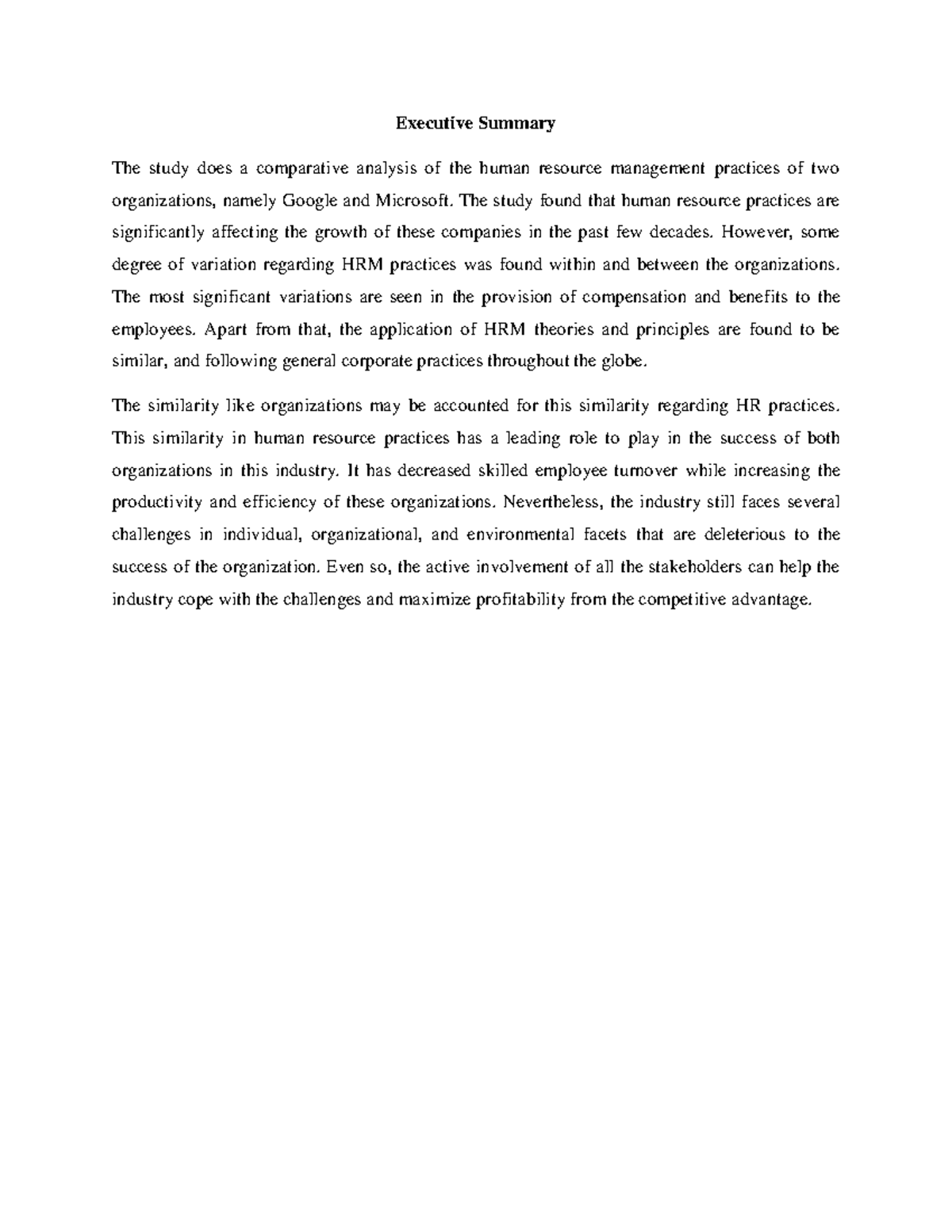 Executive Summary - Executive Summary The study does a comparative ...