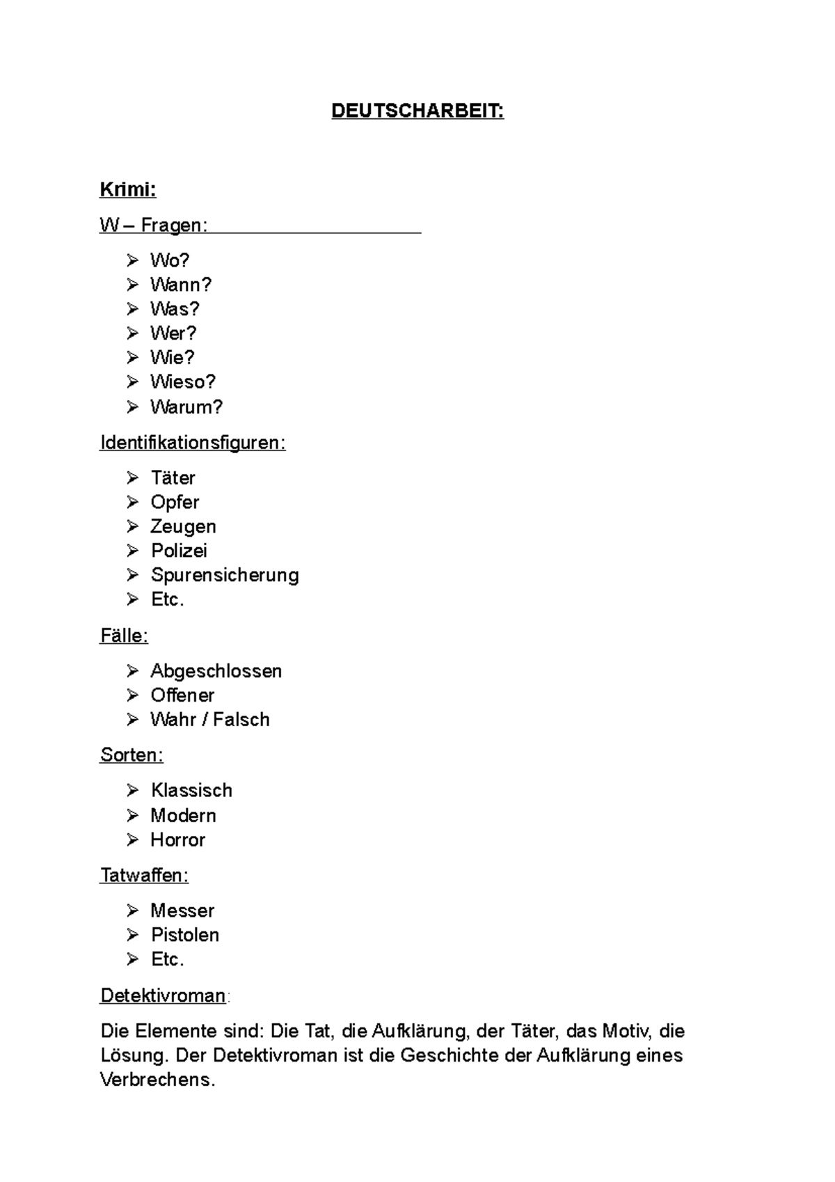 Deutscharbeit - DEUTSCHARBEIT: Krimi: W – Fragen: Wo? Wann? Was? Wer ...