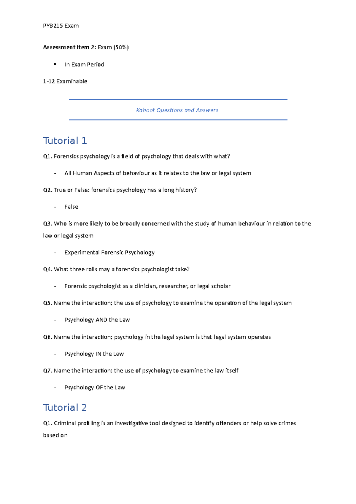 PYB215 Exam Prep Notes - Assessment Item 2: Exam (50%) In Exam Period 1 ...