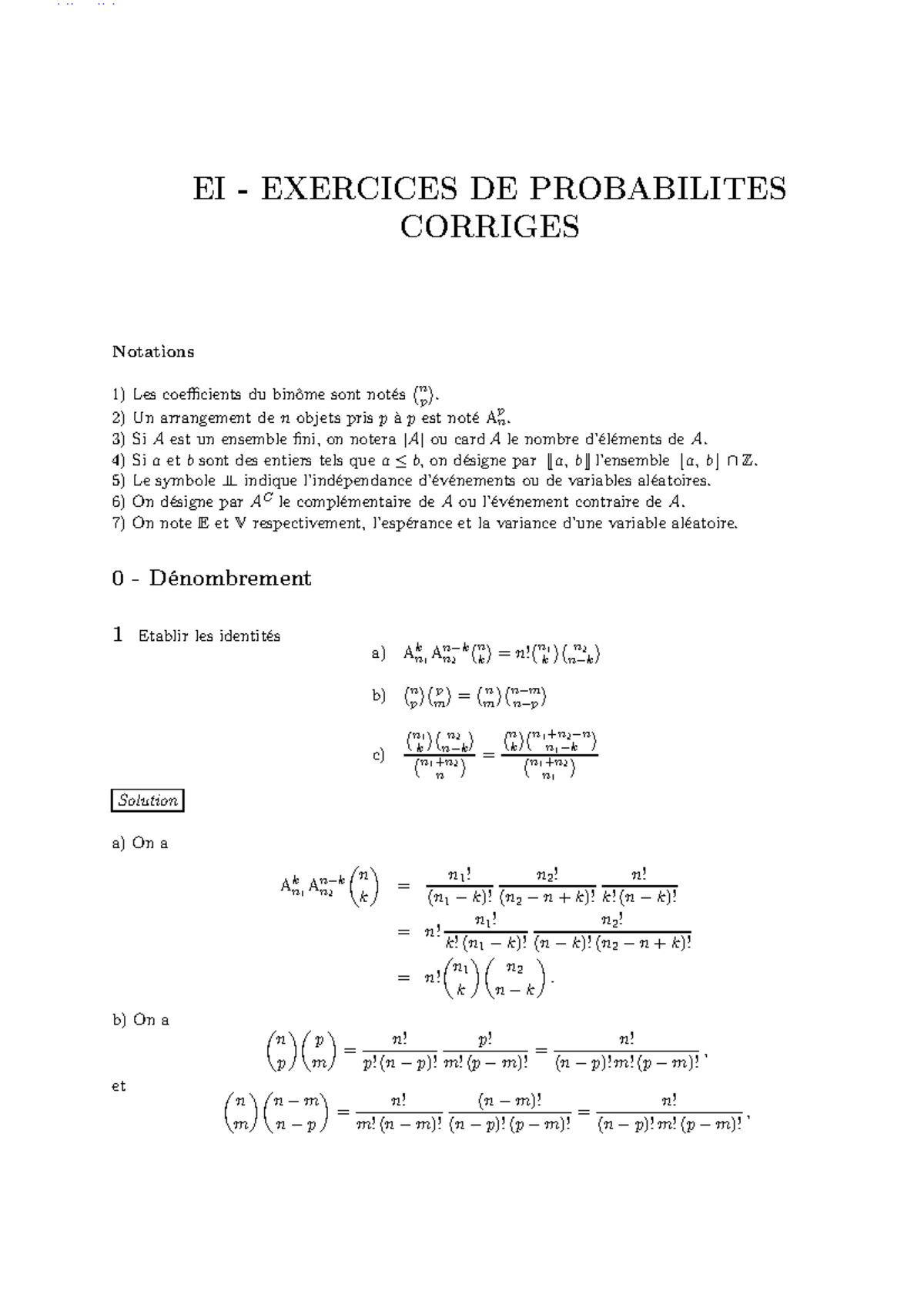 Exercices probabilité et statistique 4 - EI 1 EI - EXERCICES DE ...