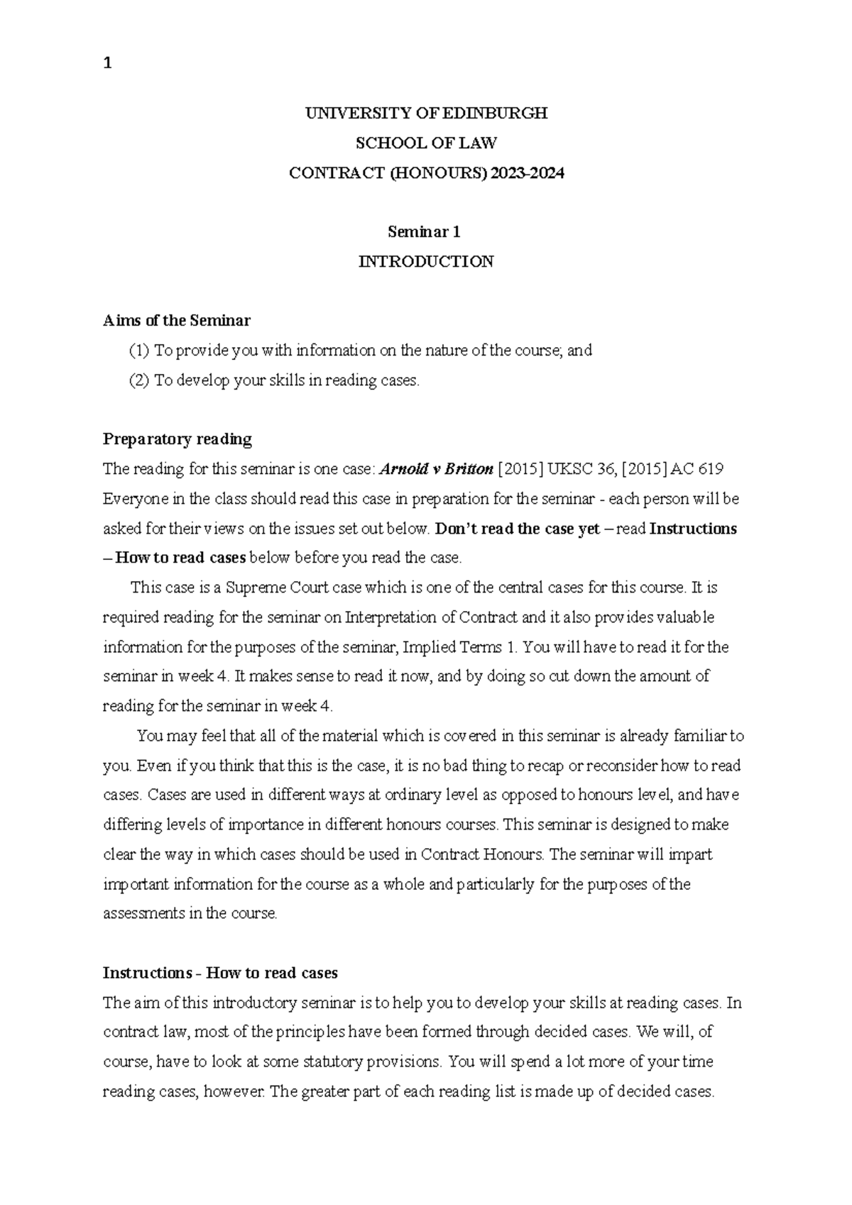 2023 2024 Introduction Handout - UNIVERSITY OF EDINBURGH SCHOOL OF LAW CONTRACT (HONOURS) 2023 ...