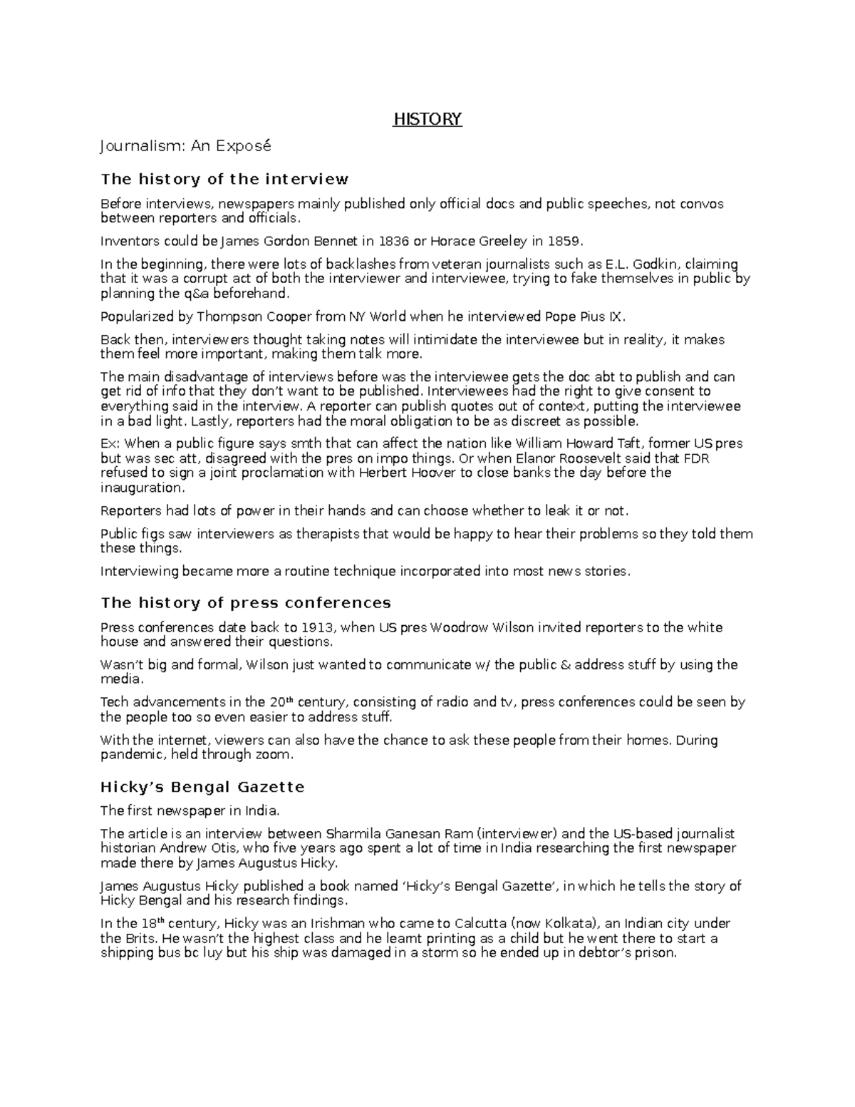 History - Wsc notes - HISTORY Journalism: An Exposé The history of the ...