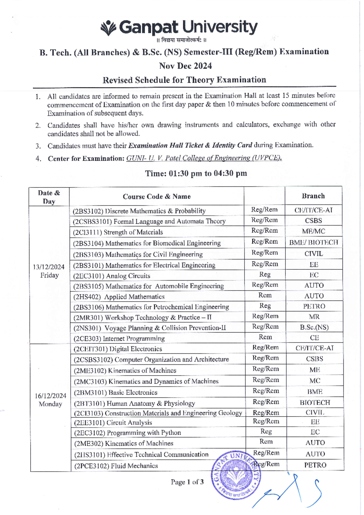 Revised B. Tech. (All) Sem- III (Regular & Remedial) Nov - Dec 2024 ...