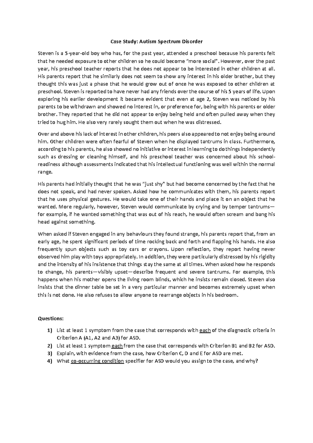 Case Study ASD - Case Study: Autism Spectrum Disorder Steven is a 5 ...