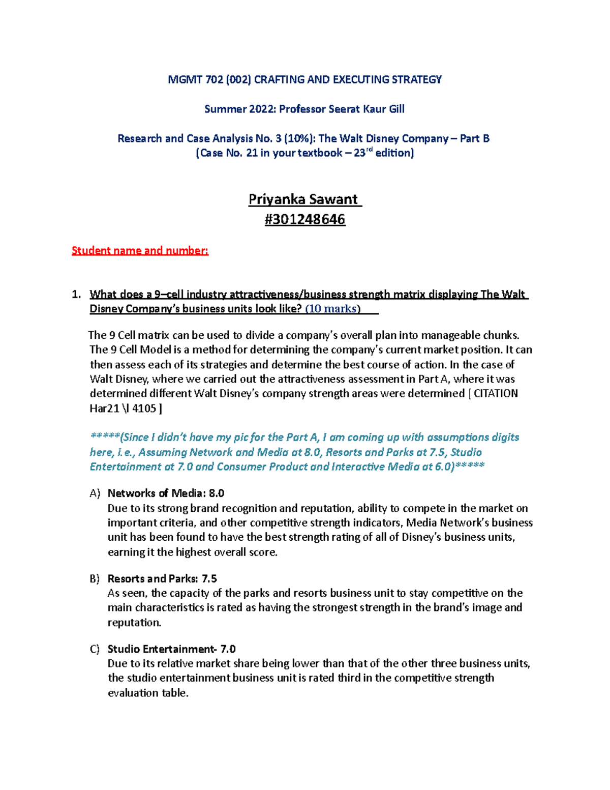 MGMT 702 Summer 2022 RCA No. 3 (10%) on The Walt Disney Company - Part B - MGMT 702 (002 ...