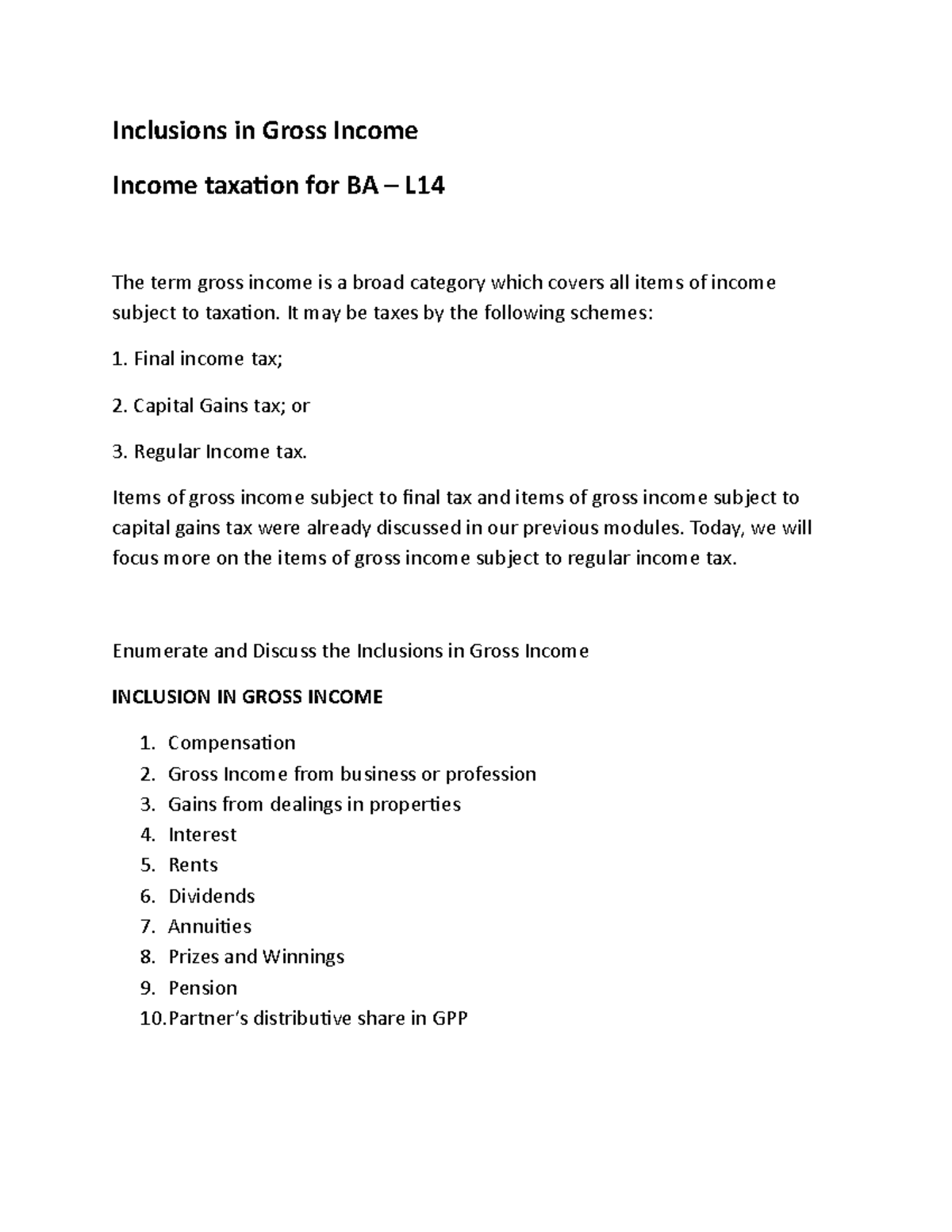 Income Taxation - 14 - Lecture notes - Inclusions in Gross Income ...