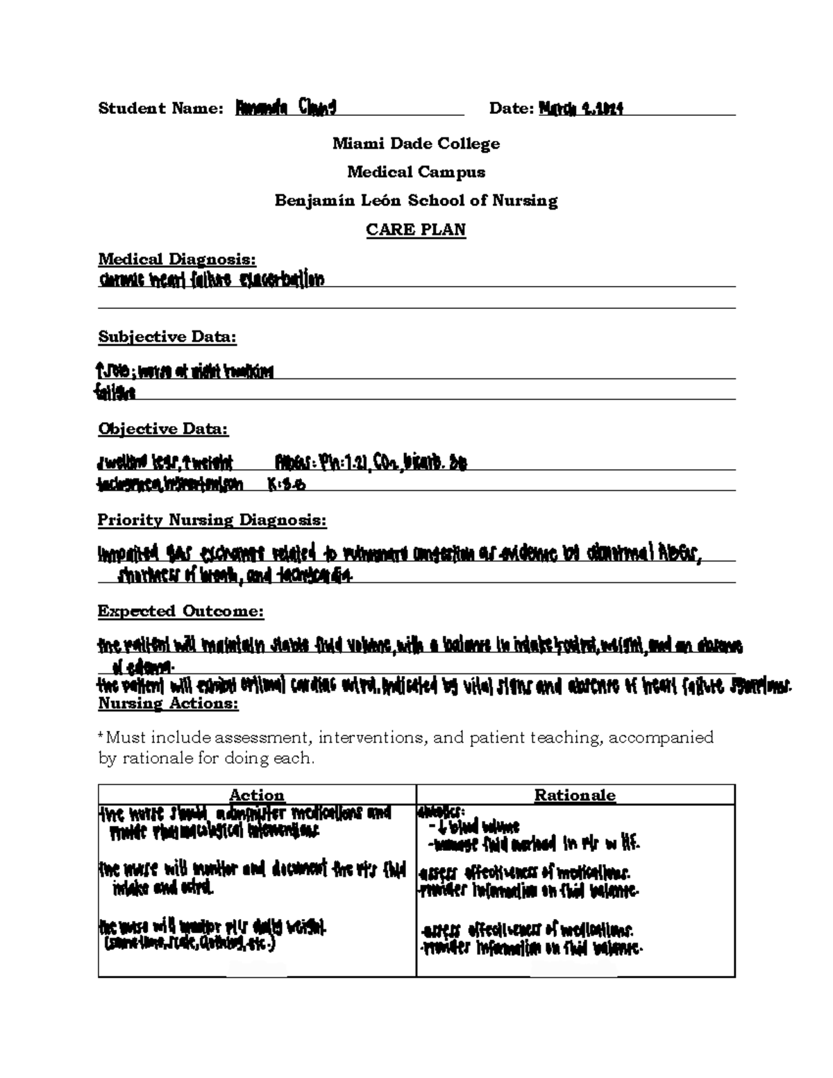 Blson CARE PLAN week 1 - care plan - Student Name ...