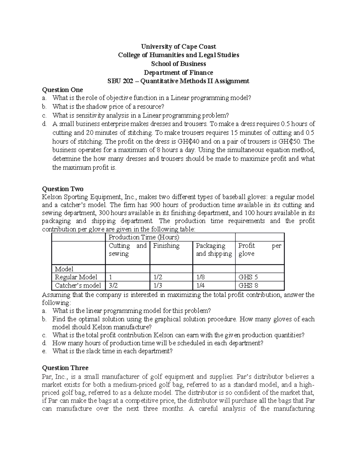 Assigment Quanty - Quantitative method group assignment - University of Cape Coast College of ...