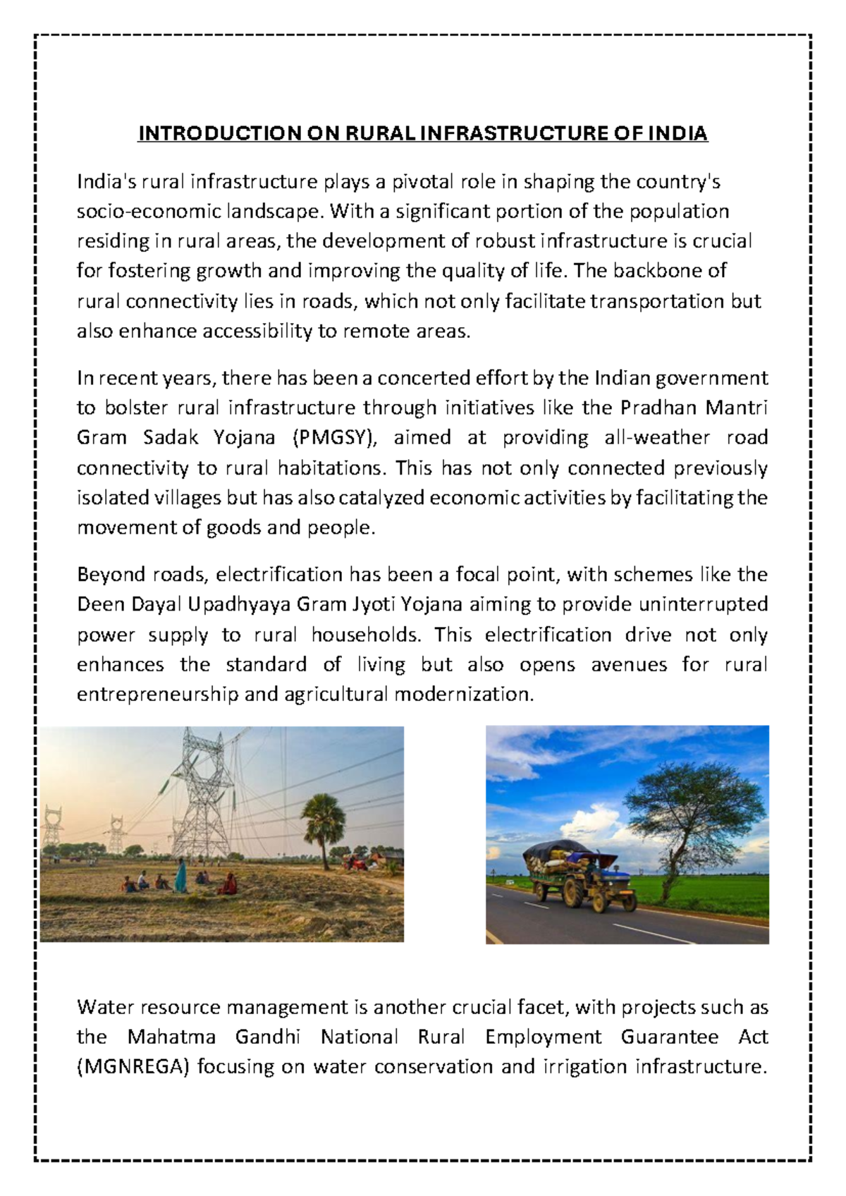 Social internship - INTRODUCTION ON RURAL INFRASTRUCTURE OF INDIA India ...