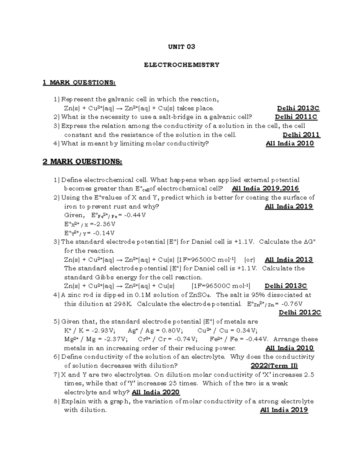 UNIT 03 - Electrochemistry - UNIT 03 ELECTROCHEMISTRY 1 MARK QUESTIONS ...