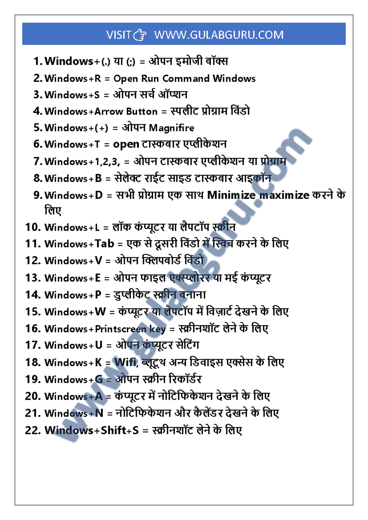 Window keys shortcuts top 20 free - VISIT👉 WWW.GULABGURU 1. Windows+ ...