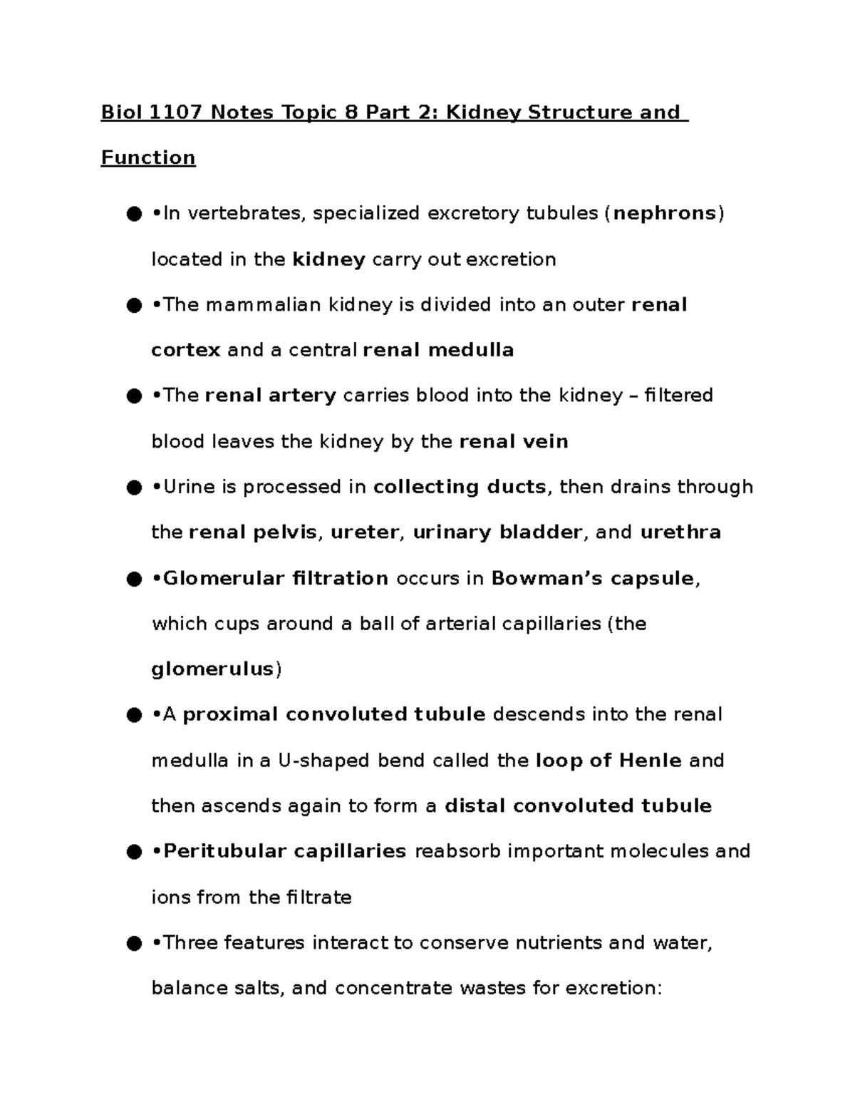 -Biol 1107 Notes Topic 8 Part 2 Kidney Structure and Function - Biol ...
