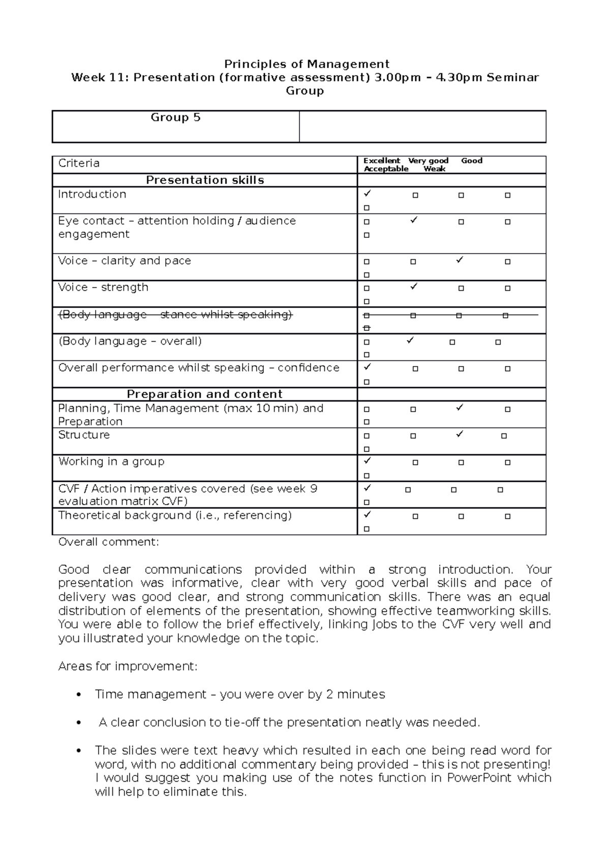 Group 5 Feedback - Principles of Management Week 11: Presentation ...