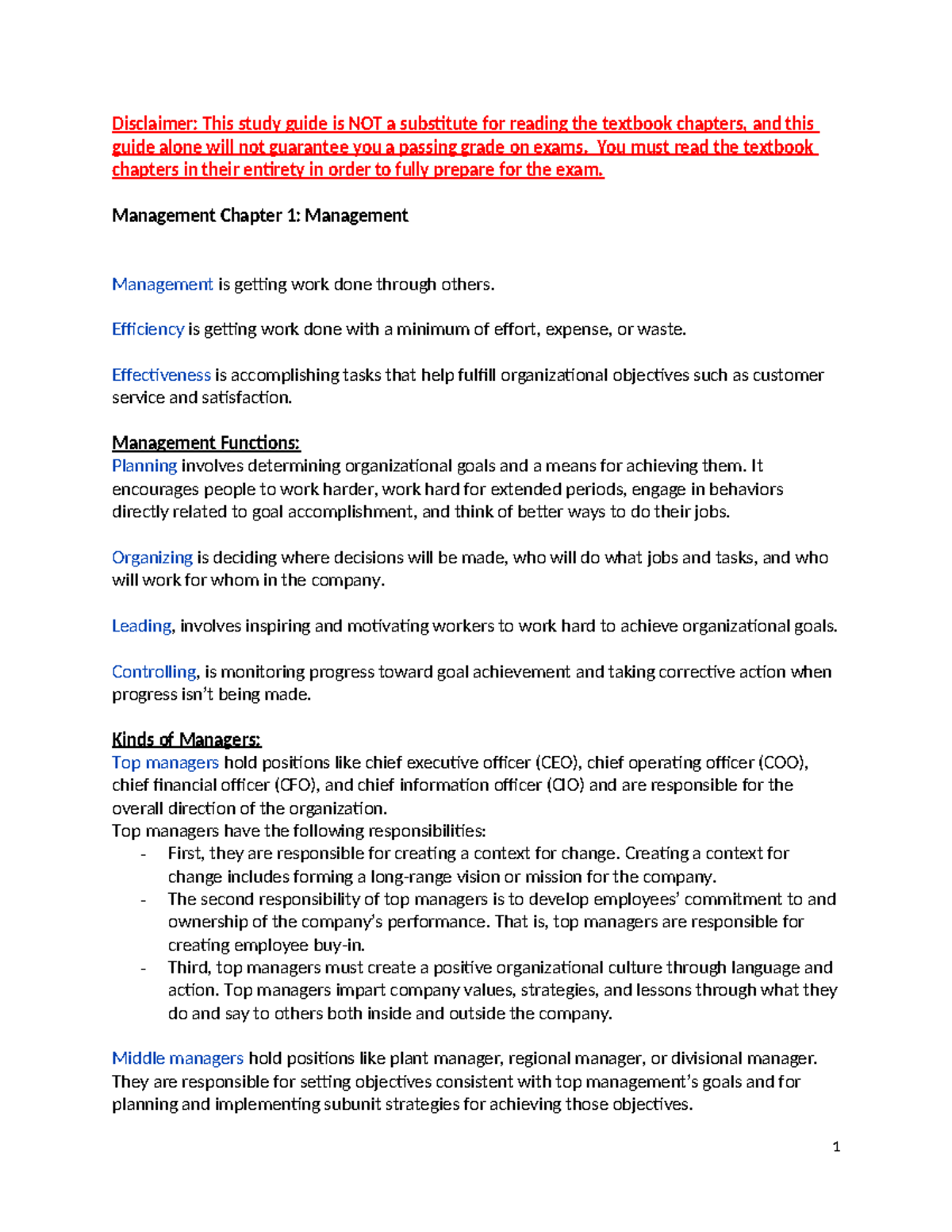 Chapter 1 Study Guide - Disclaimer: This study guide is NOT a ...