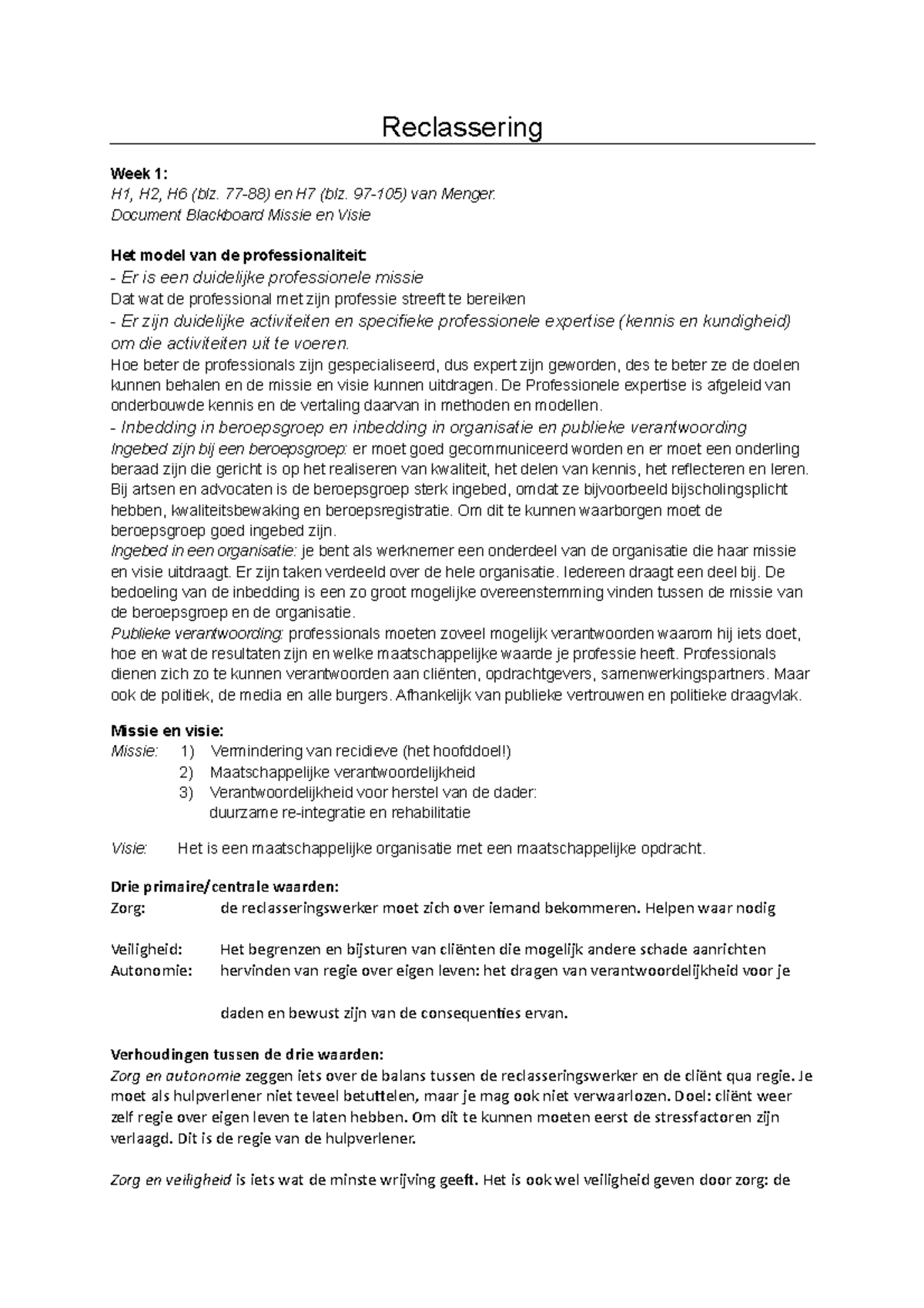 Complete samenvatting Reclassering - Reclassering Week 1: H1, H2, H6 ...