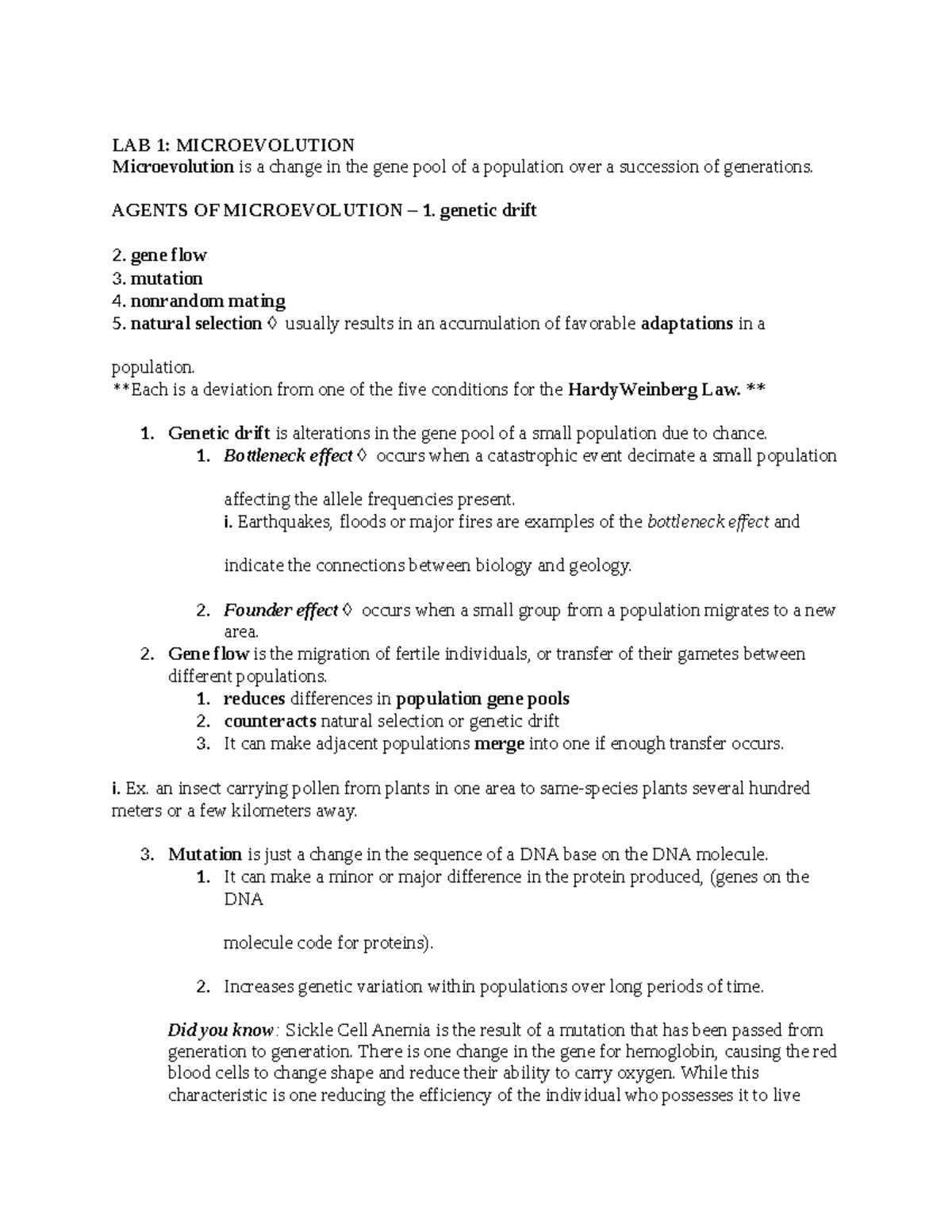 LAB 1 - notes - LAB 1: MICROEVOLUTION Microevolution is a change in the ...