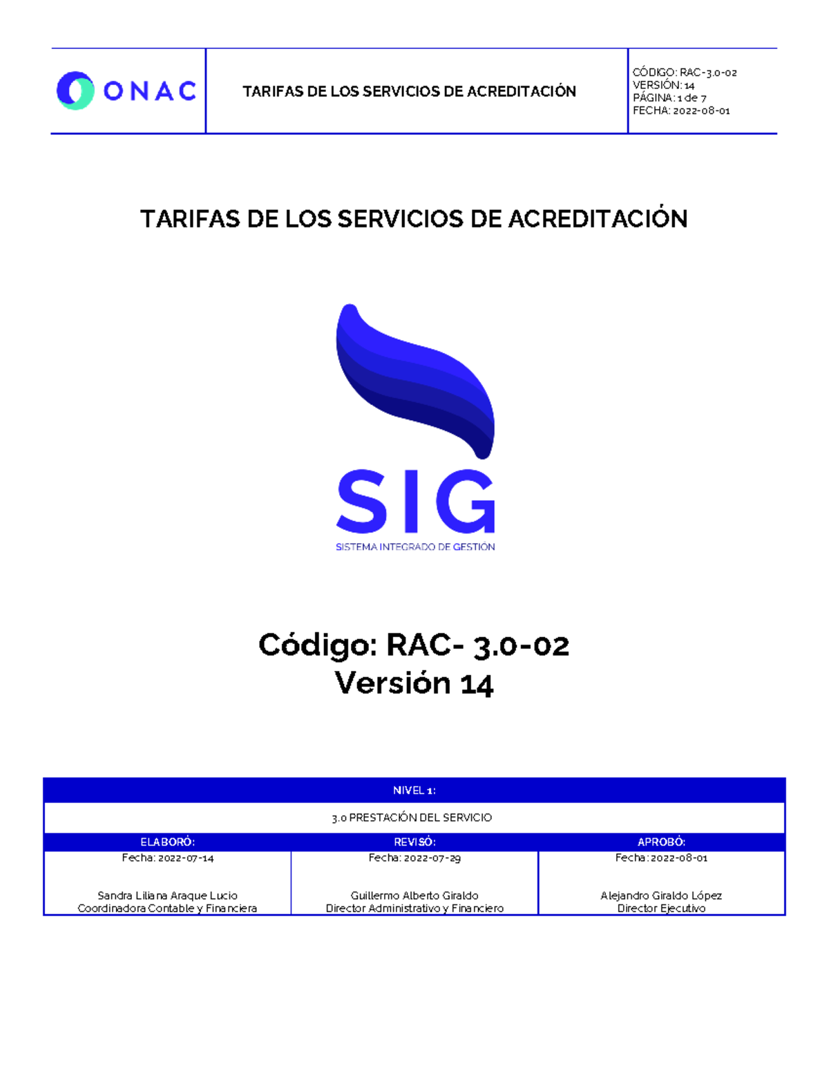 RAC-3 - Requisitos Acreditación ONAC - TARIFAS DE LOS SERVICIOS DE ACREDITACI”N VERSI”N: 14 P ...