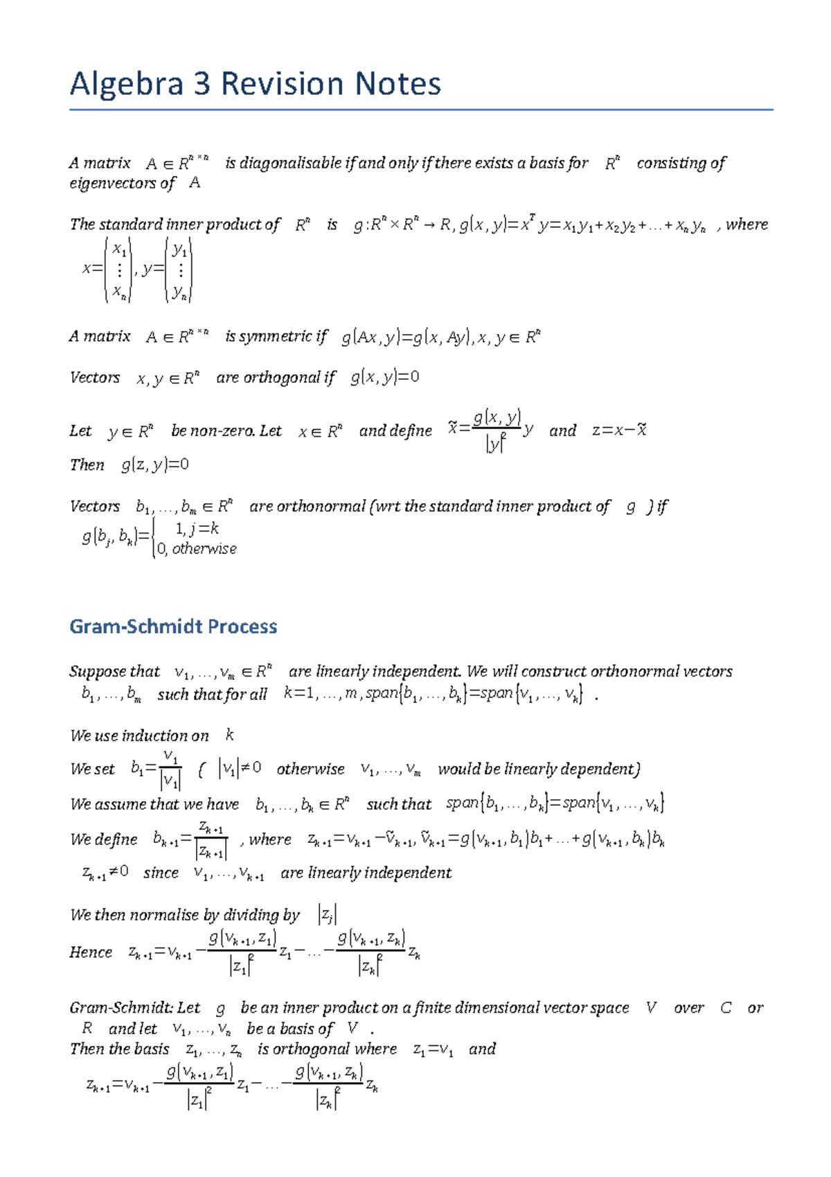 Algebra 3 Revision Notes - Algebra 3 Revision Notes A matrix A ∈ R n×n ...