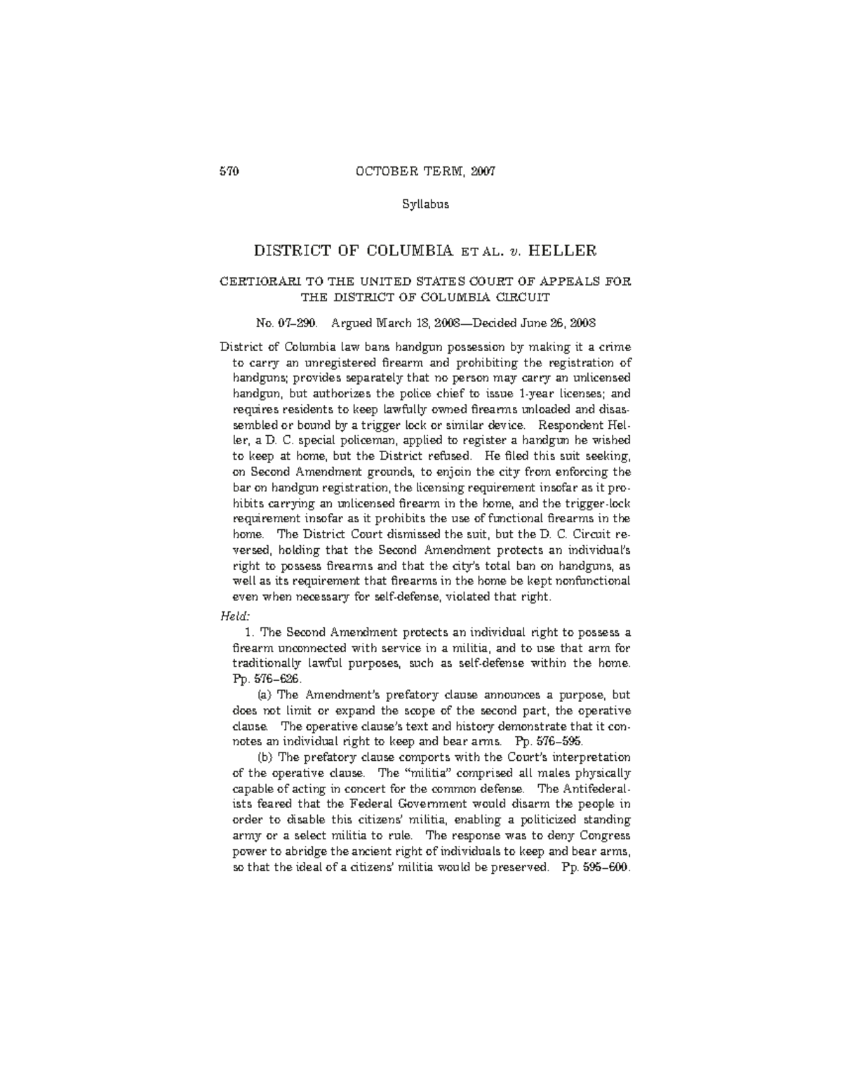 District of Columbia v. Heller, 554 U.S. 570 (2008 ) - 570 OCTOBER TERM ...