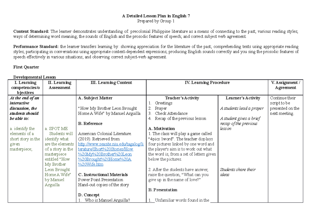 Sed-Elt 8 - hhjahhah - A Detailed Lesson Plan in English 7 Prepared by ...