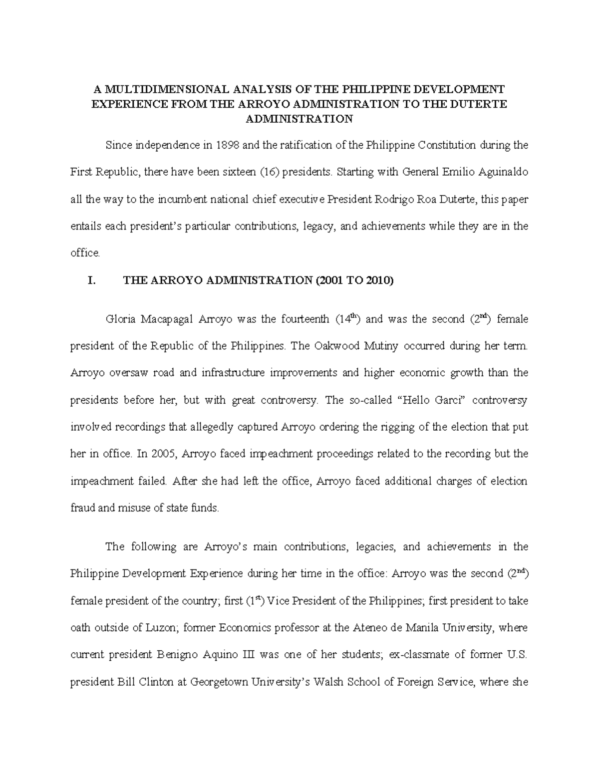 THE Philippine Development Experience FROM THE Arroyo Administration TO ...