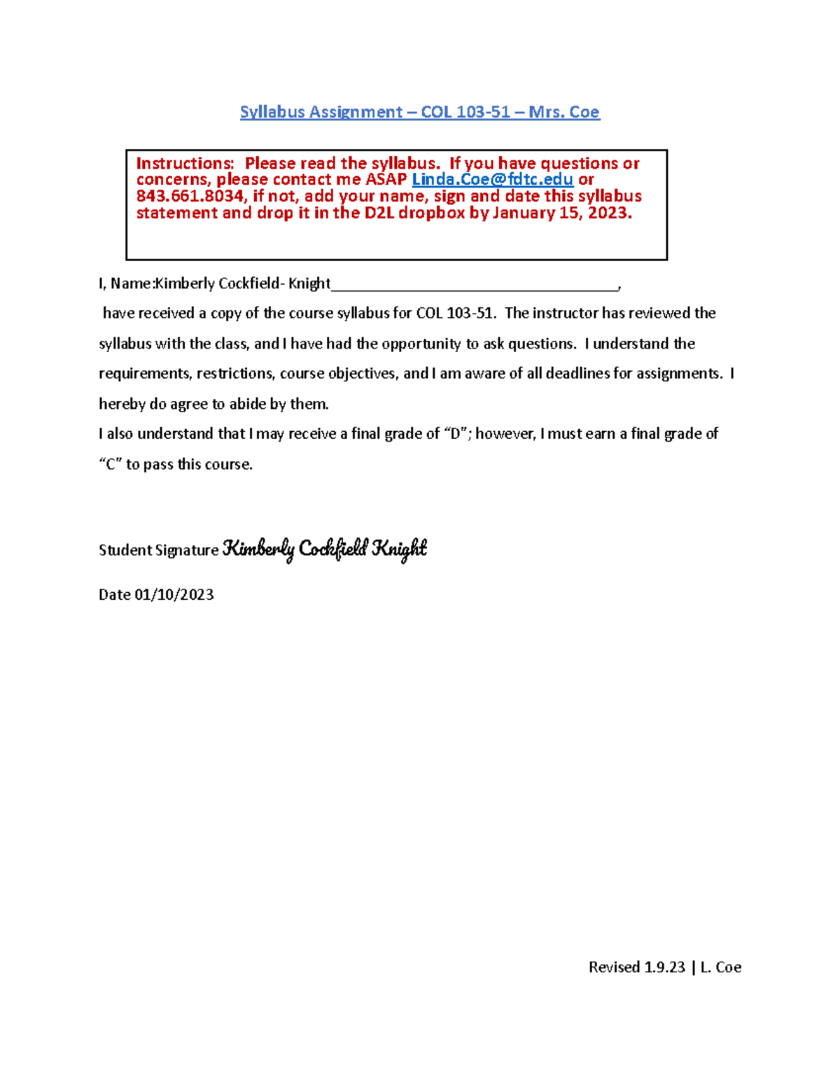 Syllabus Assignment Col 103-51 Spring 23 - Syllabus Assignment – COL ...