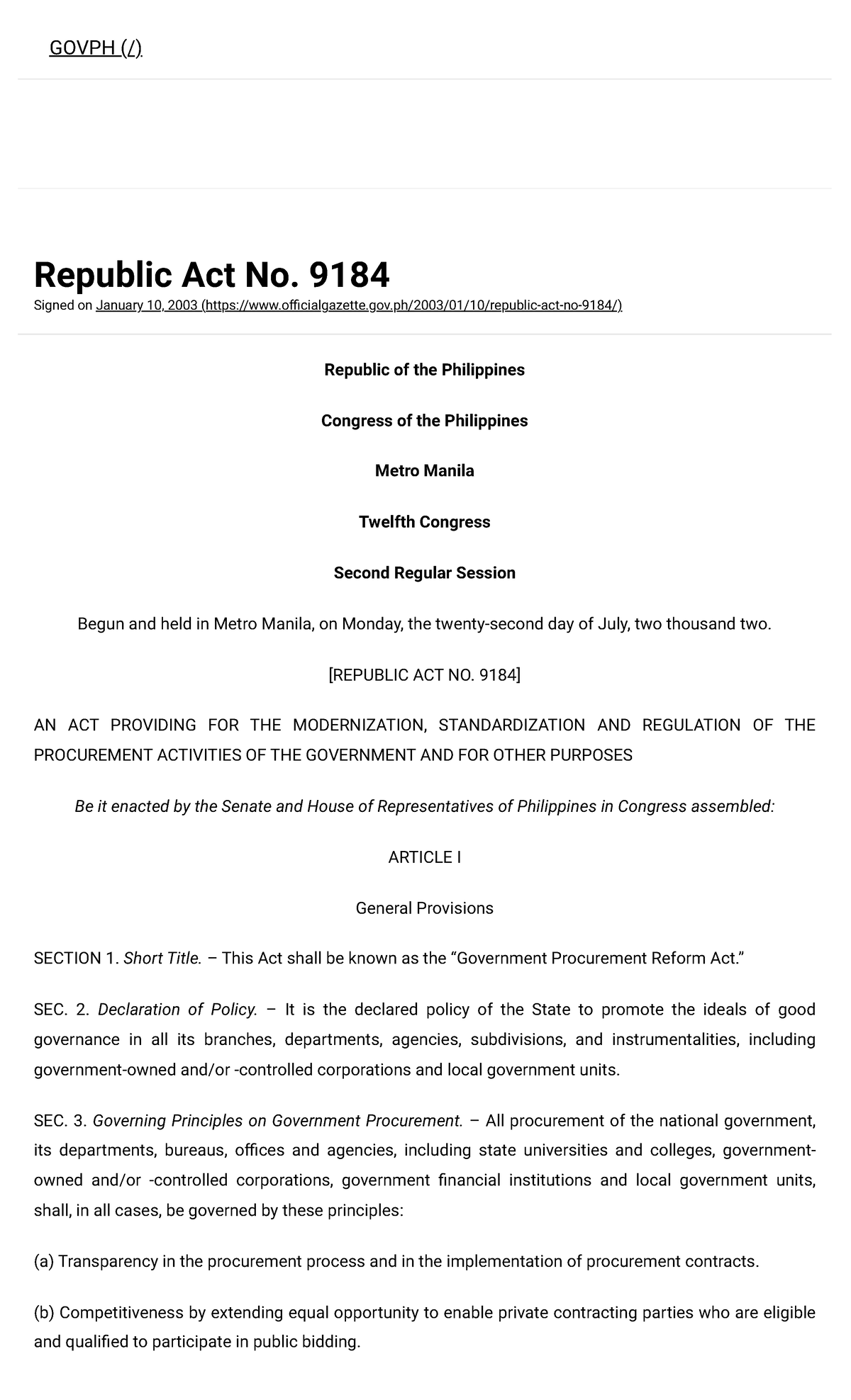 RA 9184 - reference - Republic Act No. 9184 Signed on January 10, 2003 - Studocu