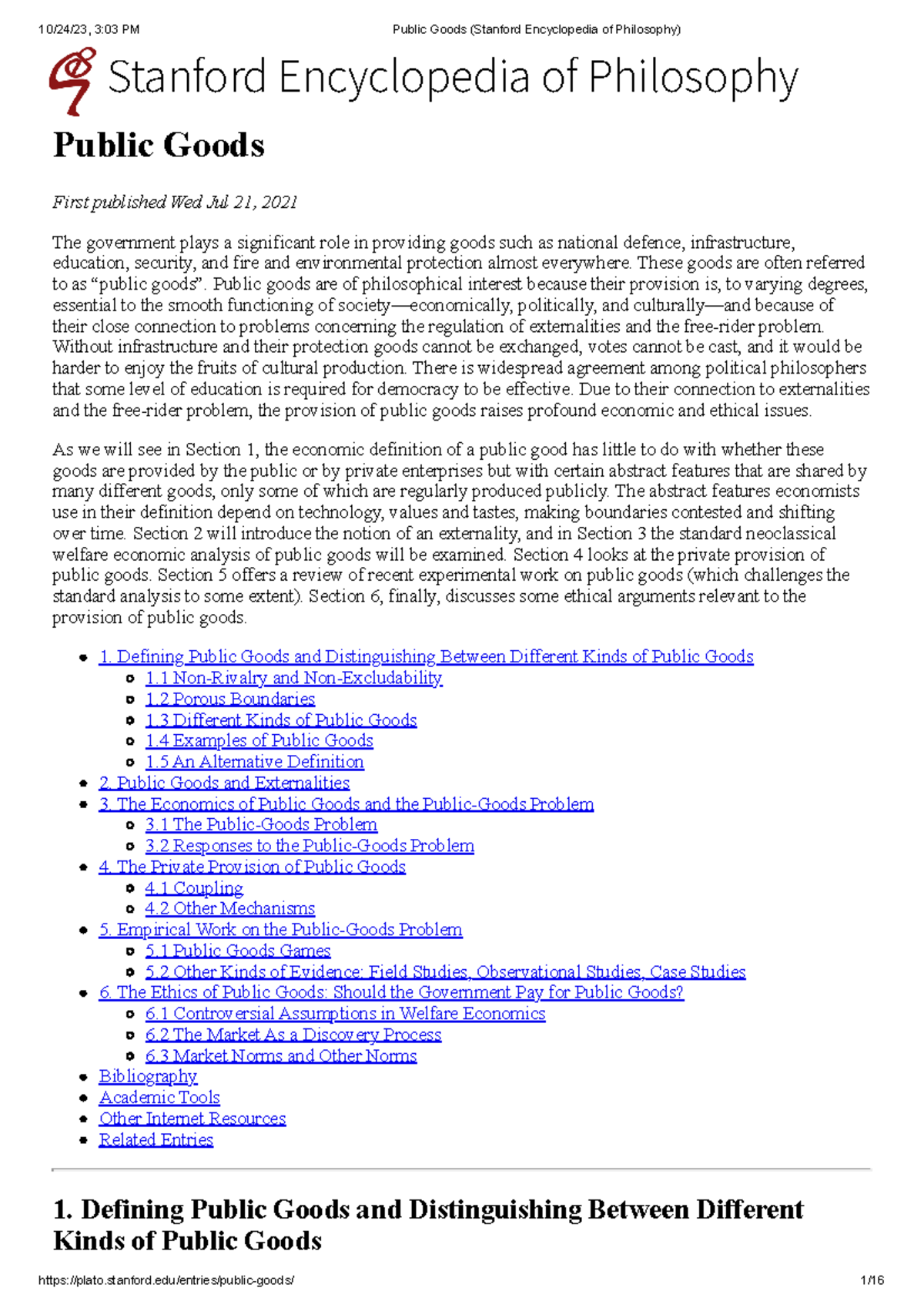 Public Goods (Stanford Encyclopedia of Philosophy) - Stanford ...