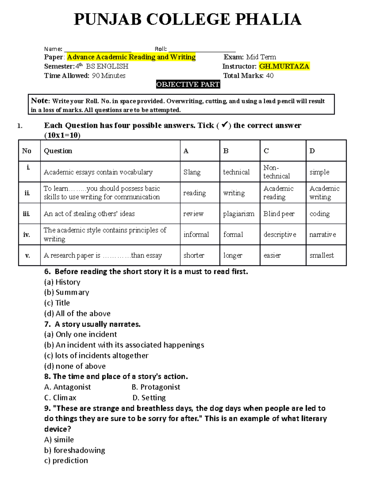 Paper Reading and Writing 4 semester - PUNJAB COLLEGE PHALIA Name ...