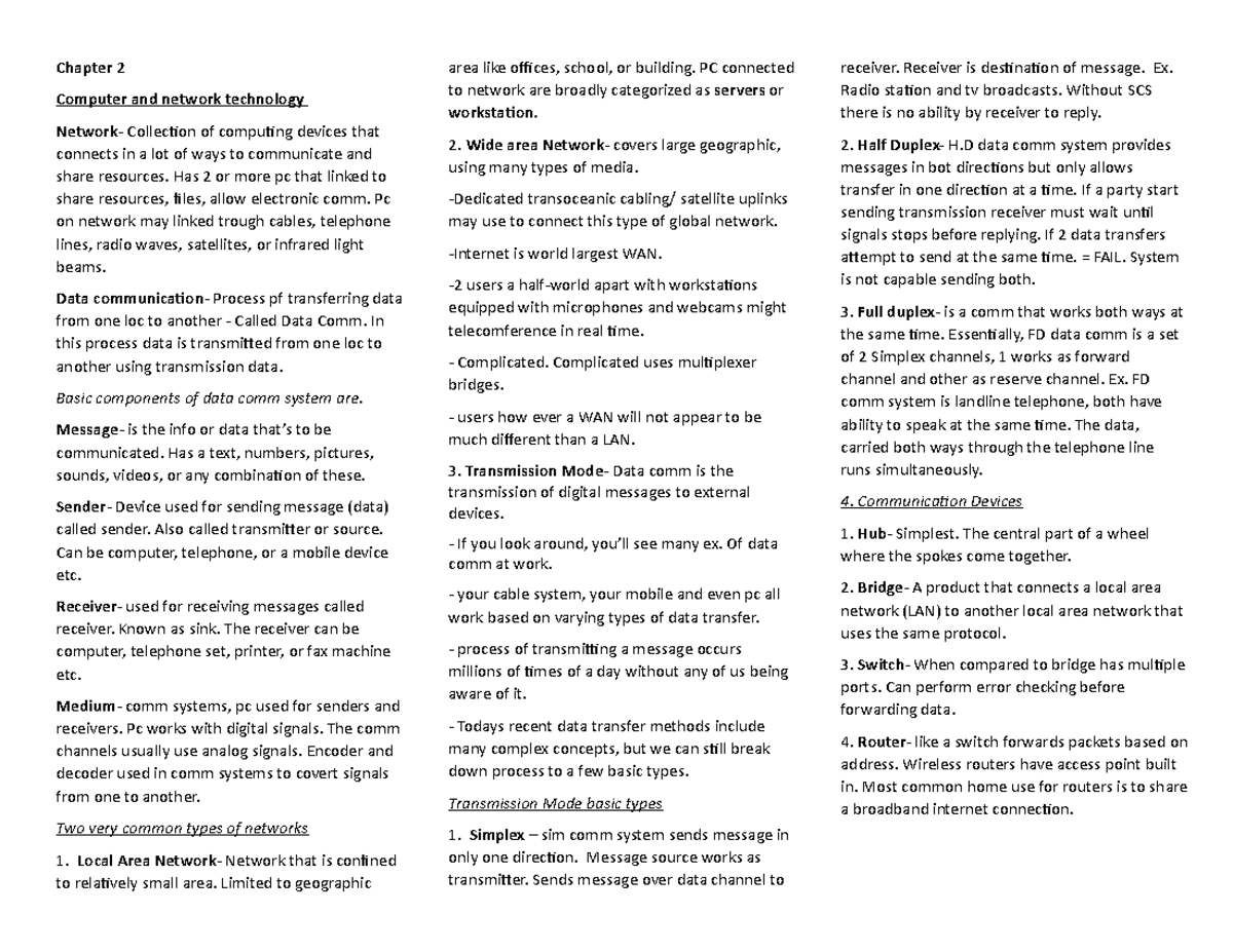 LITE - REVIEWER - Chapter 2 Computer and network technology Network- Collection of computing ...