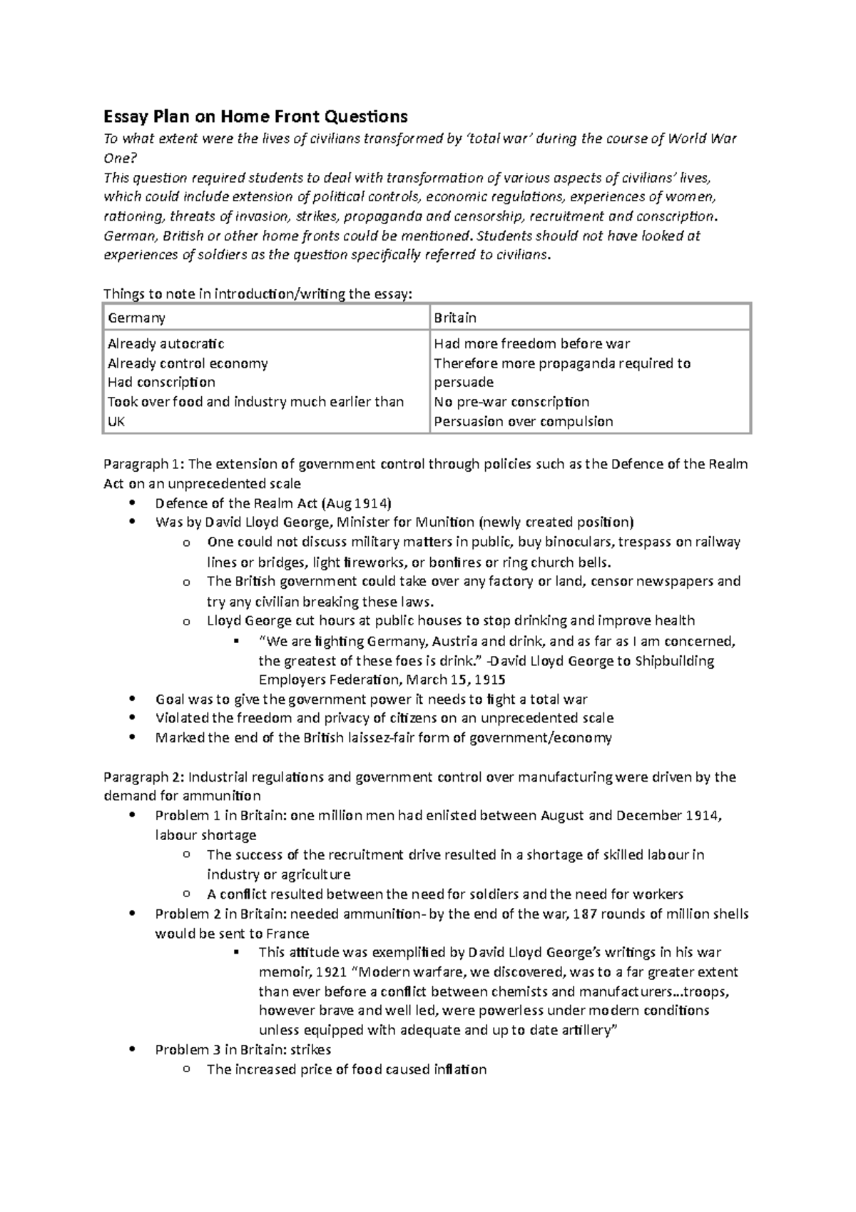 Essay Plan on WW1 Home Front: To what extent were the lives of ...